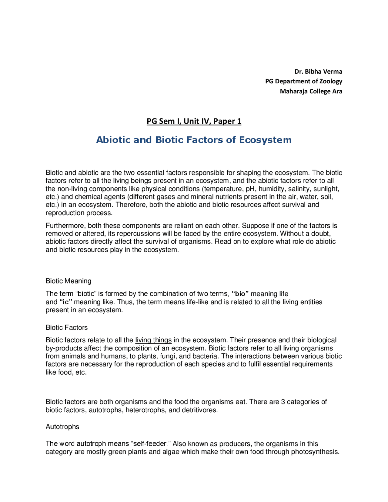 Abiotic and Biotic Factors of Ecosystem | Summaries Zoology | Docsity