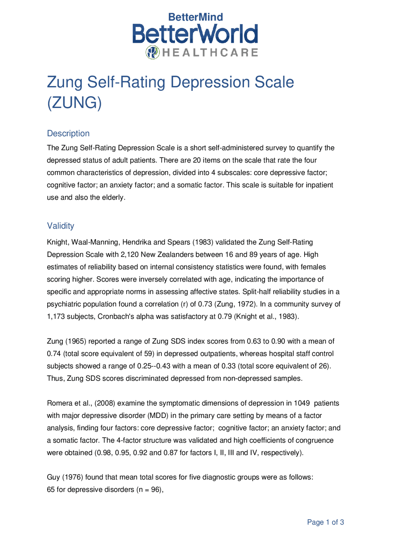 Zung Self-Rating Depression Scale | Lecture notes Statistics | Docsity