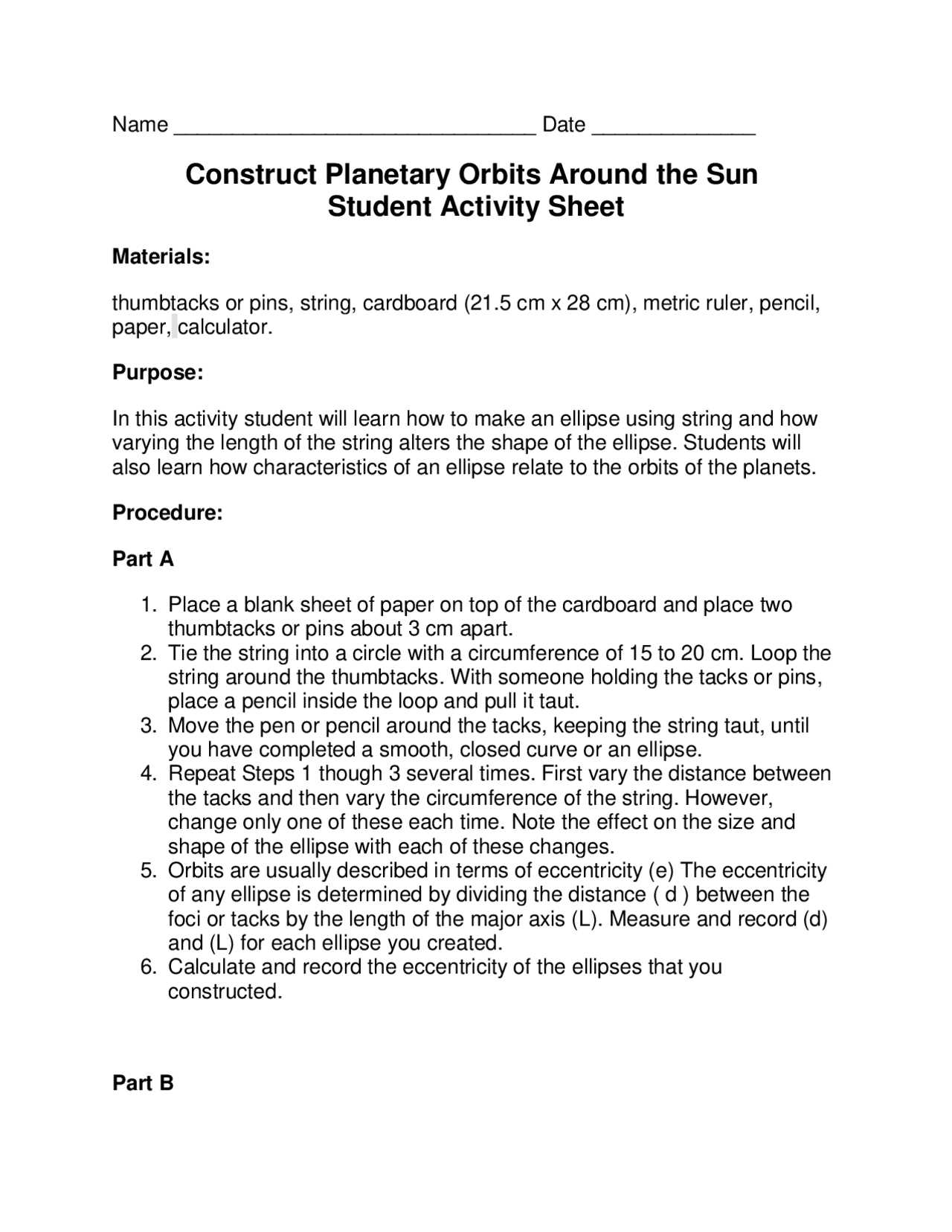 Construct Planetary Orbits Around the Sun Student Activity ... | Slides ...