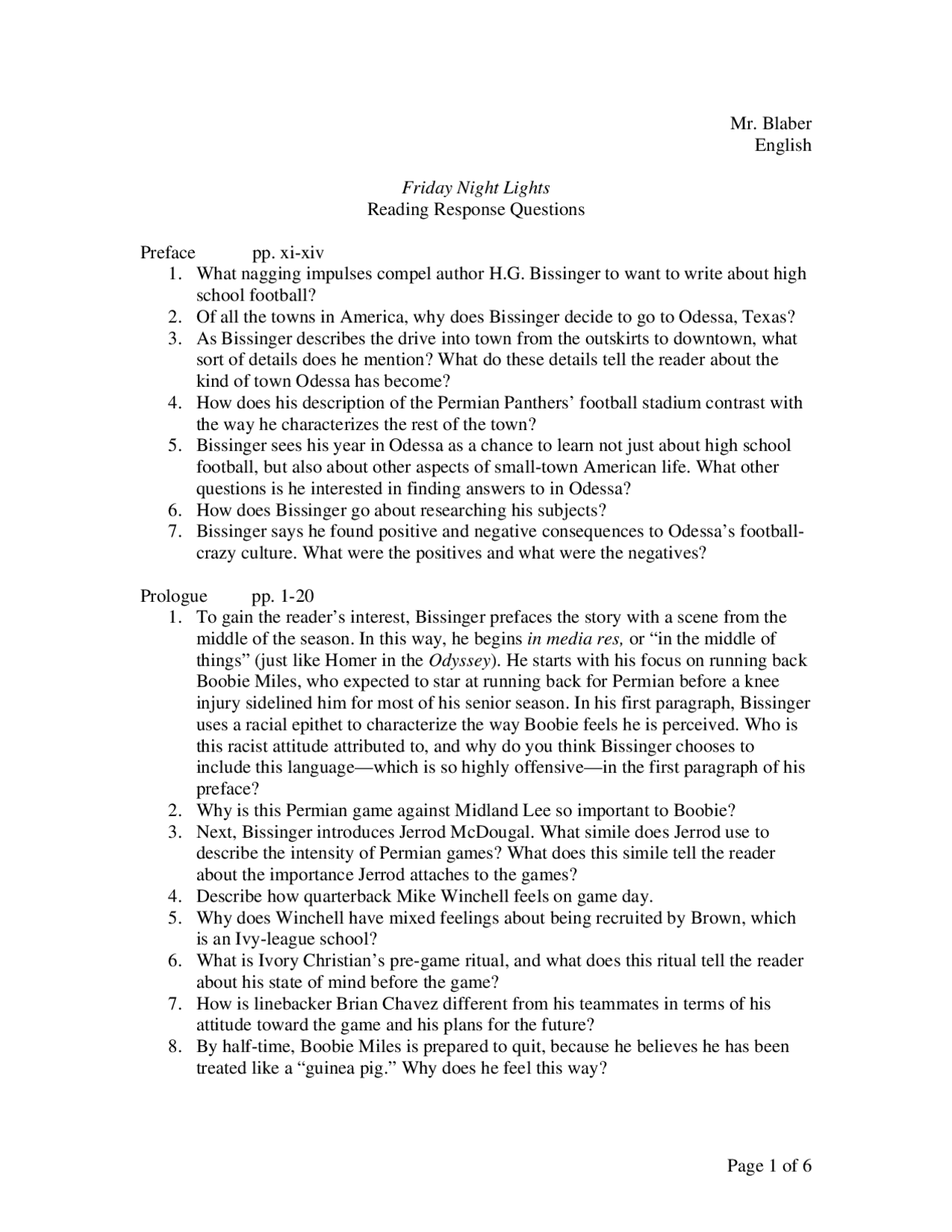 Page 1 of 6 Mr. Blaber English Friday Night Lights Reading ... | Study ...