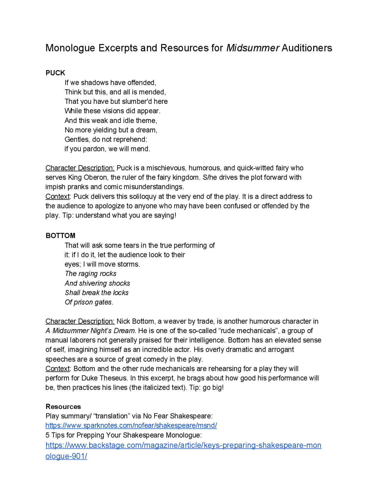 Monologue Excerpts and Resources for Midsummer ... | Exercises French ...