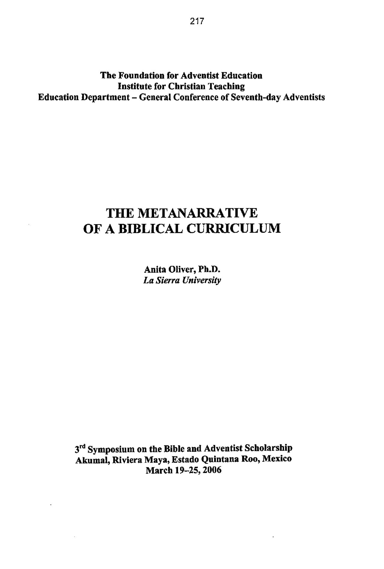 THE METANARRATIVE OF A BIBLICAL CURRICULUM | Study notes History | Docsity