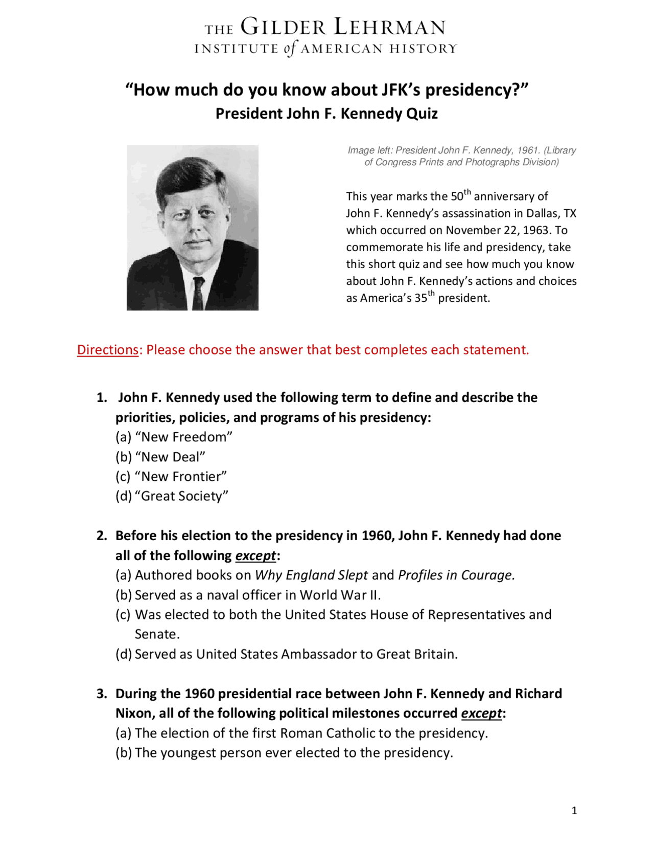President John F. Kennedy Quiz | Schemes and Mind Maps Latin | Docsity