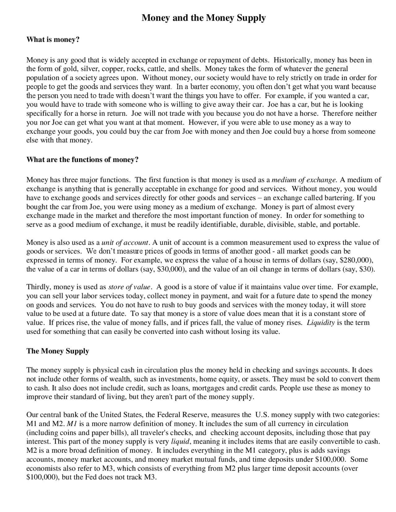 Money and the Money Supply | Exercises Economics | Docsity