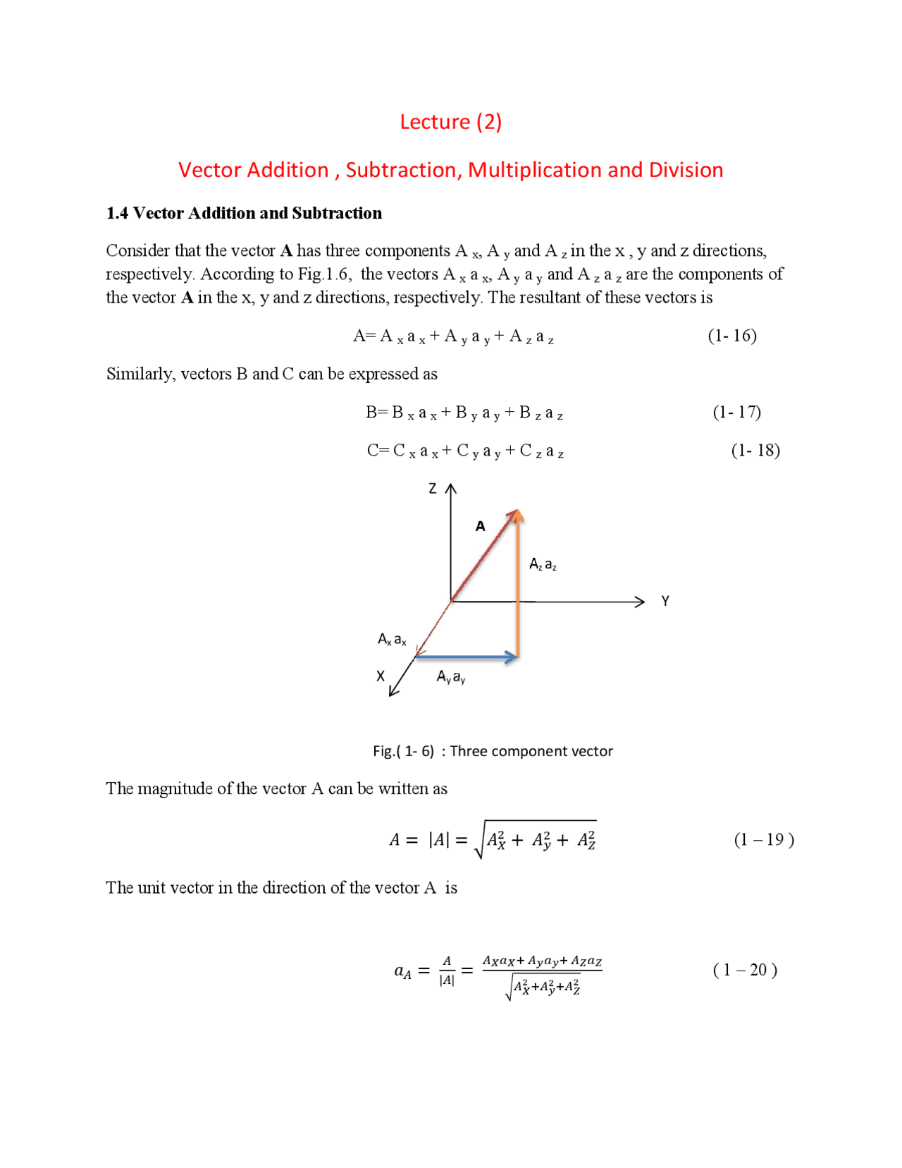 Lecture 2 Vector Addition Subtraction Multiplication And