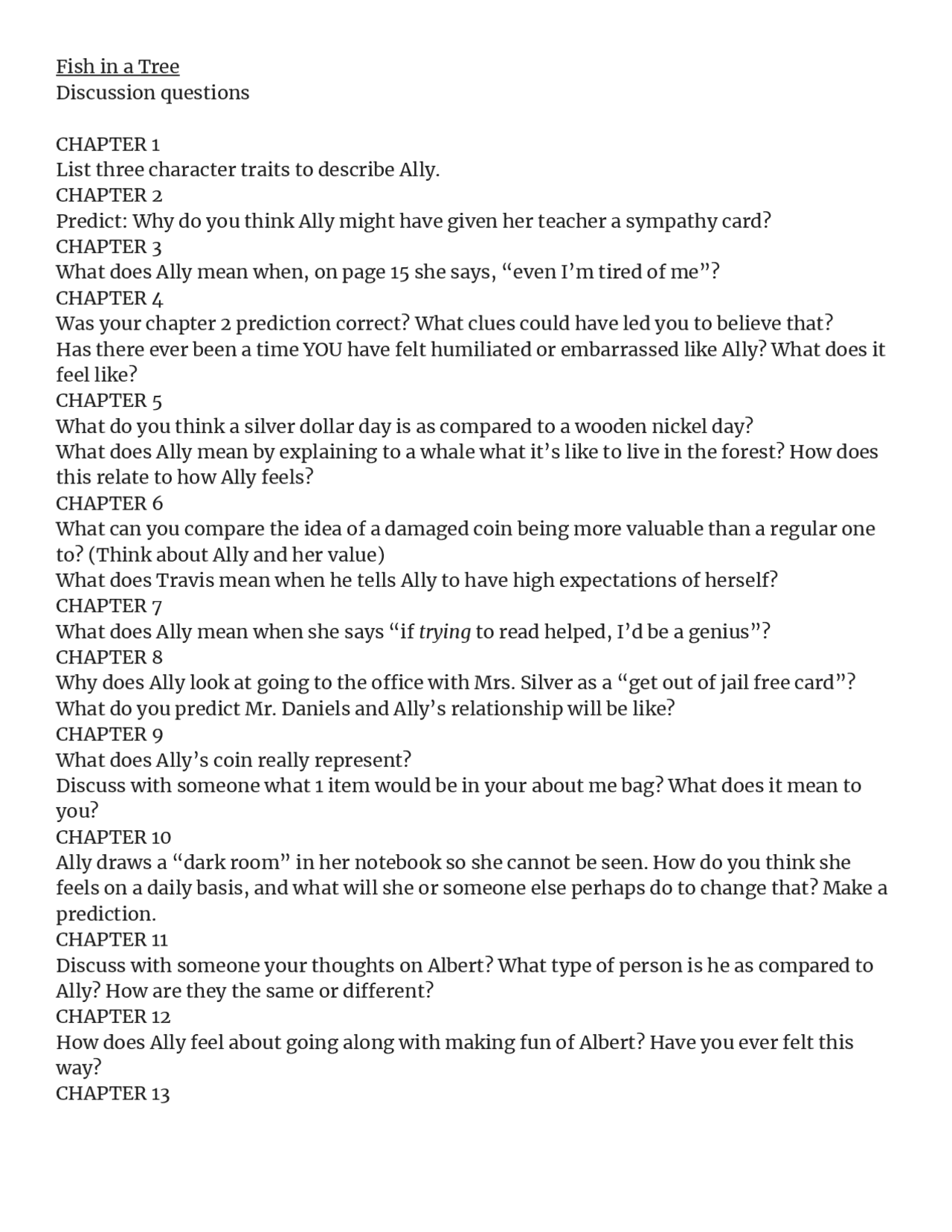 Fish in a Tree Discussion questions CHAPTER 1 List three ... | Schemes ...