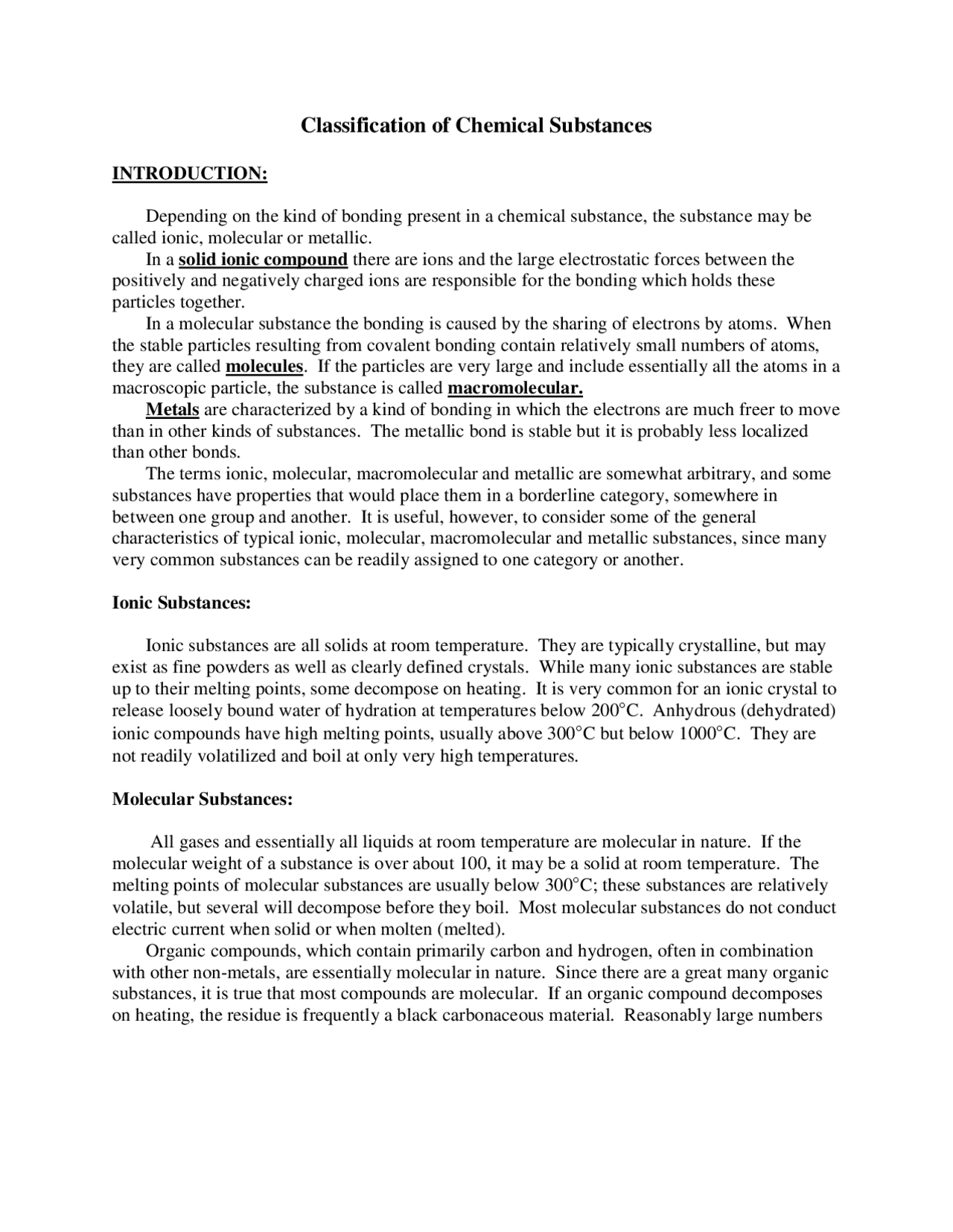 Classification Of Chemical Substances Summaries Molecular Structure