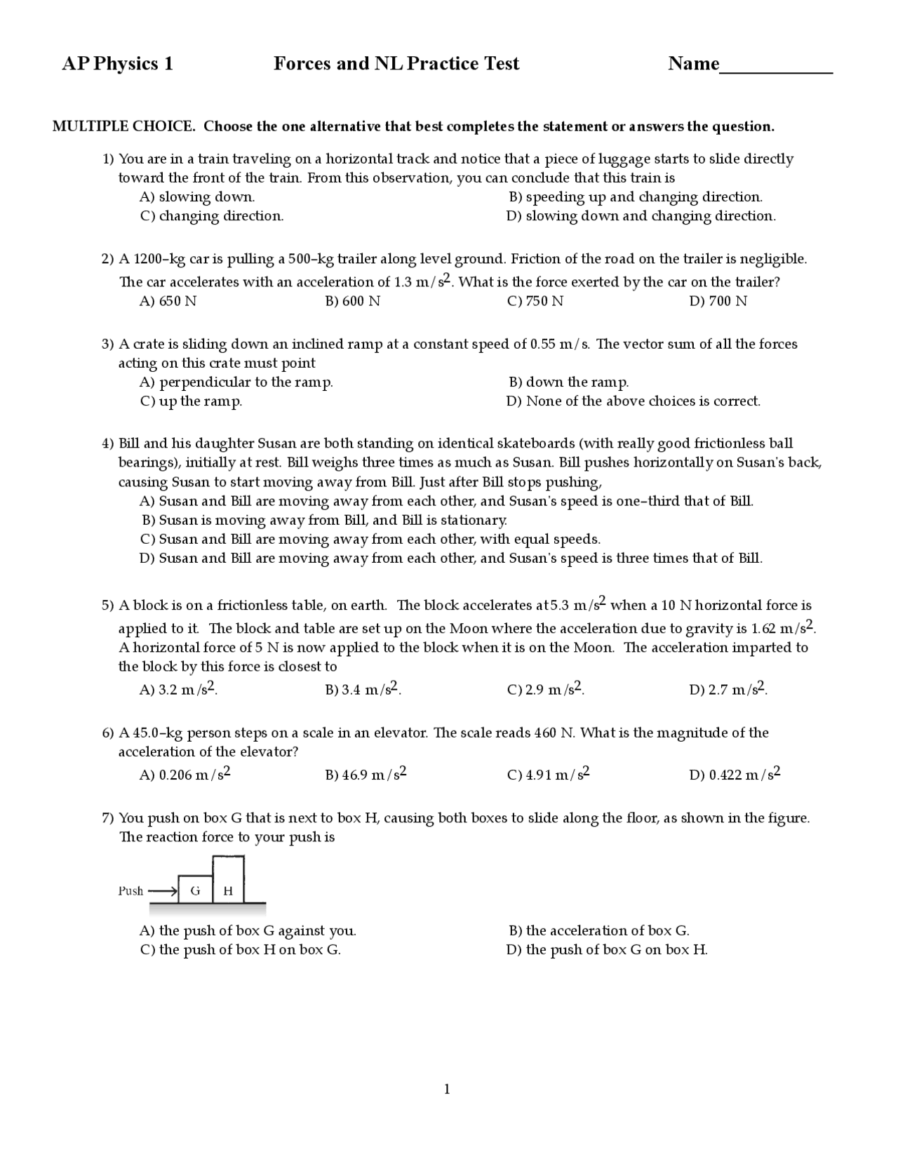 Forces and NL Practice Test | Slides Physics | Docsity