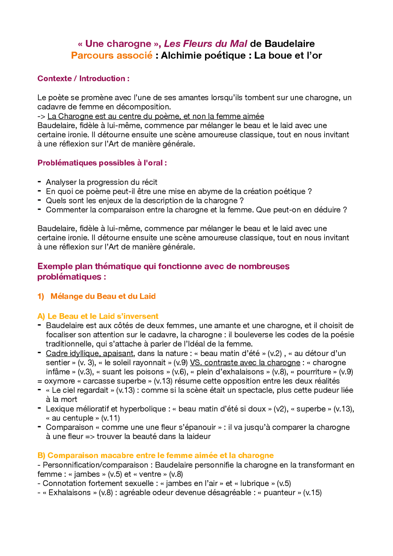 Analyse Une Charogne Résumés Français Docsity
