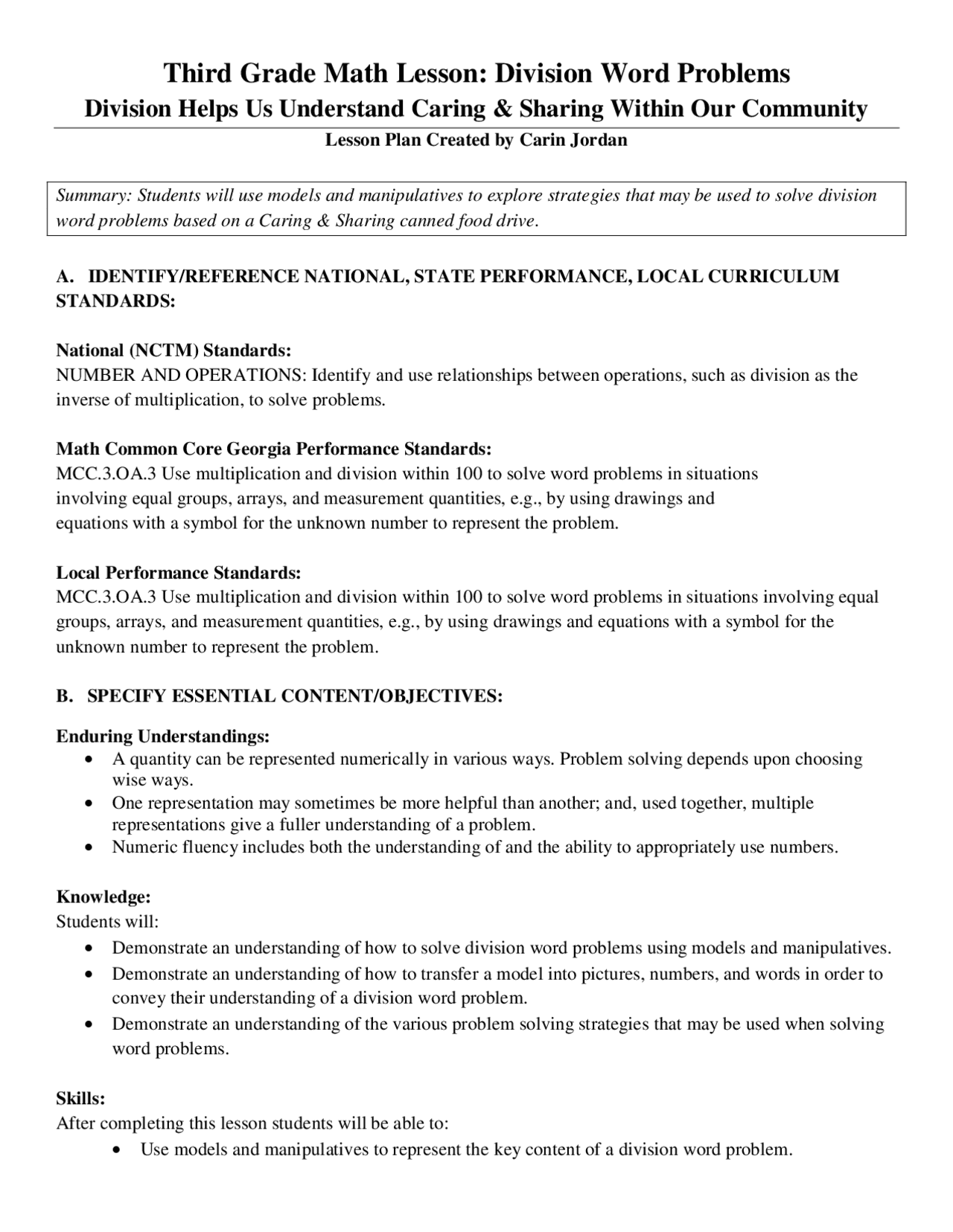 Third Grade Math Lesson: Division Word Problems | Lecture notes ...