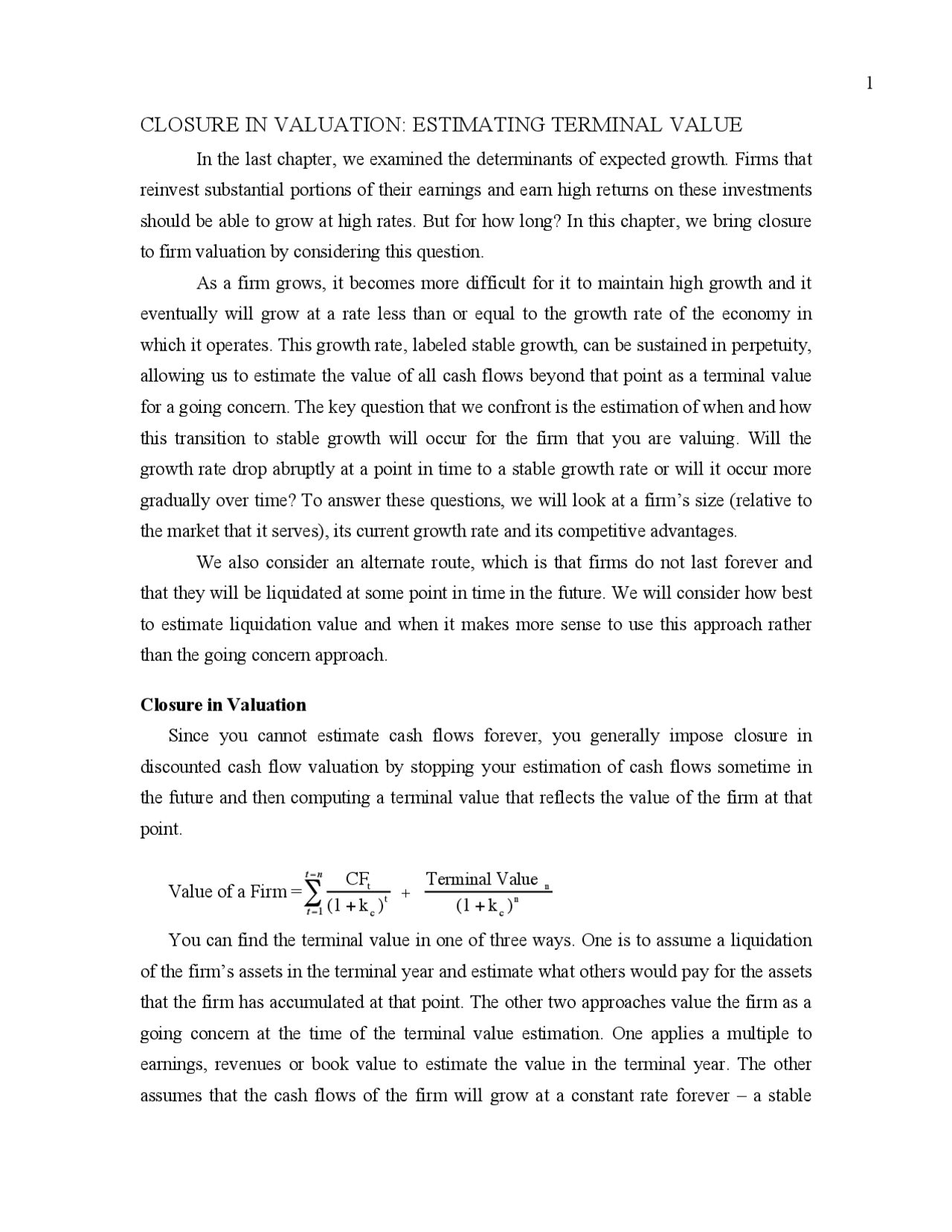 Closure In Valuation Estimating Terminal Value Exercises Business