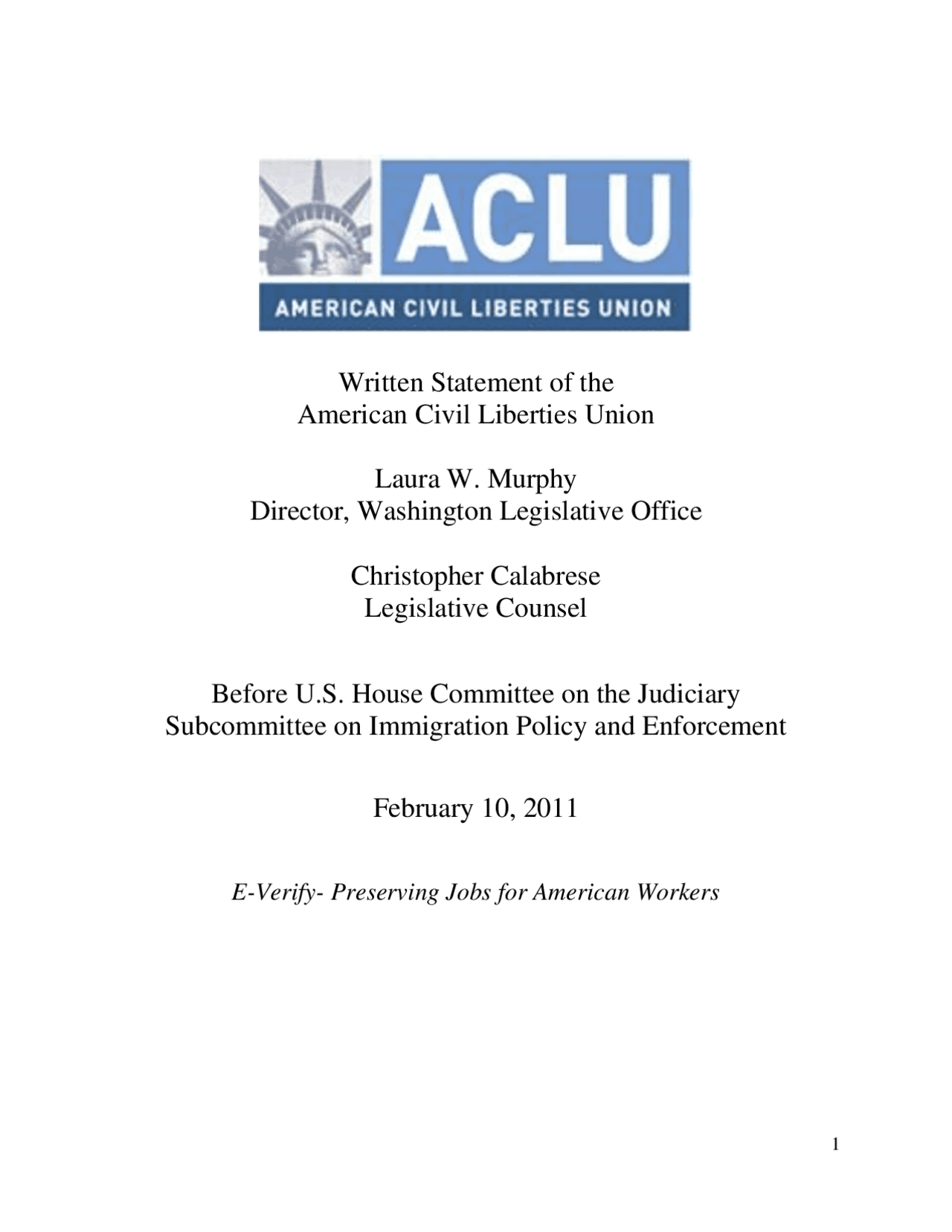 Written Statement of the American Civil Liberties ... | Exams Law | Docsity
