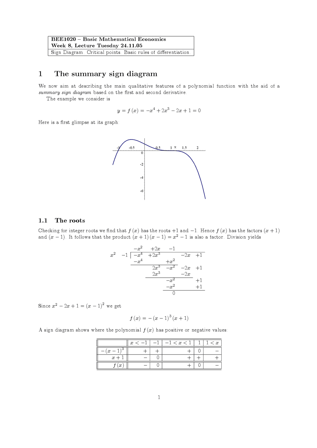 1 The Summary Sign Diagram | Lecture Notes Calculus | Docsity
