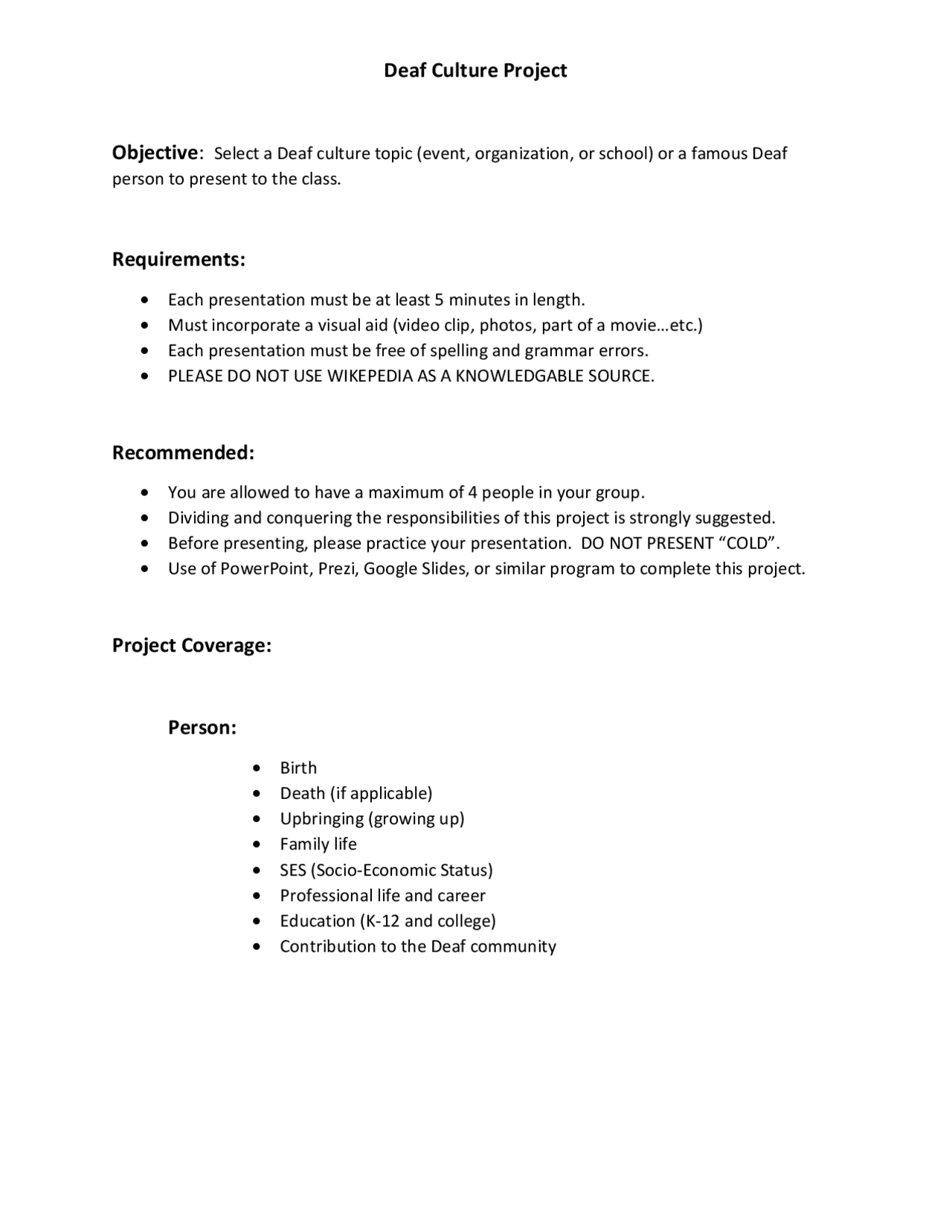 Deaf Culture Project Requirements | Esquemas y mapas conceptuales Sign Language | Docsity