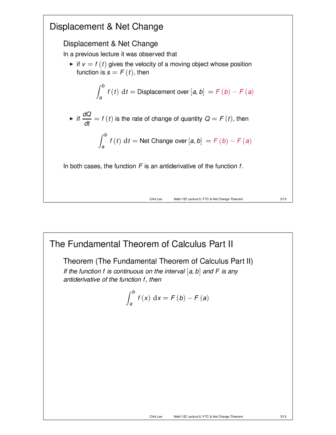 Math 122 Lecture 5: FTC & Net Change Theorem | Lecture notes Calculus ...