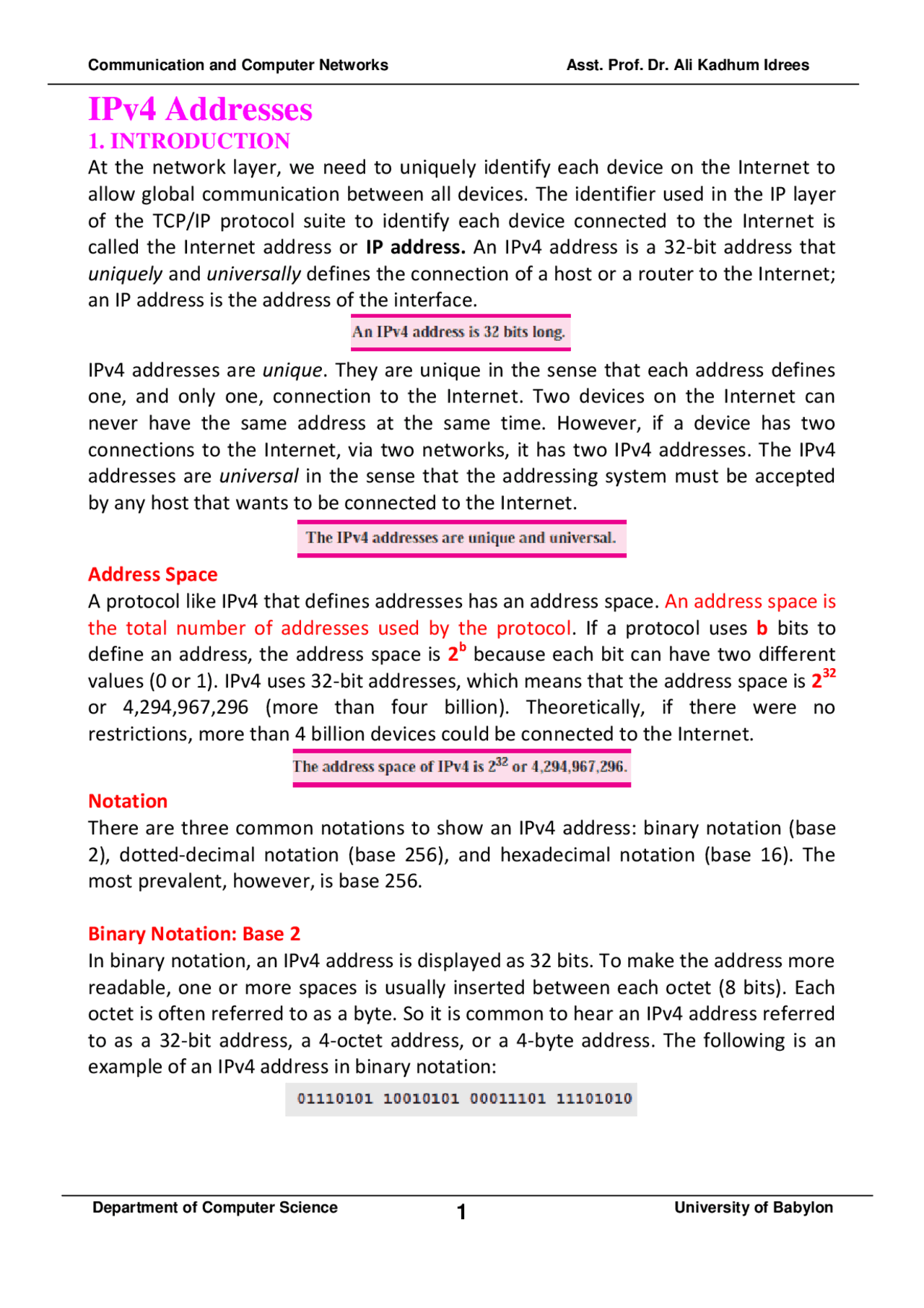 IPv4 Addresses | Study notes Communication | Docsity