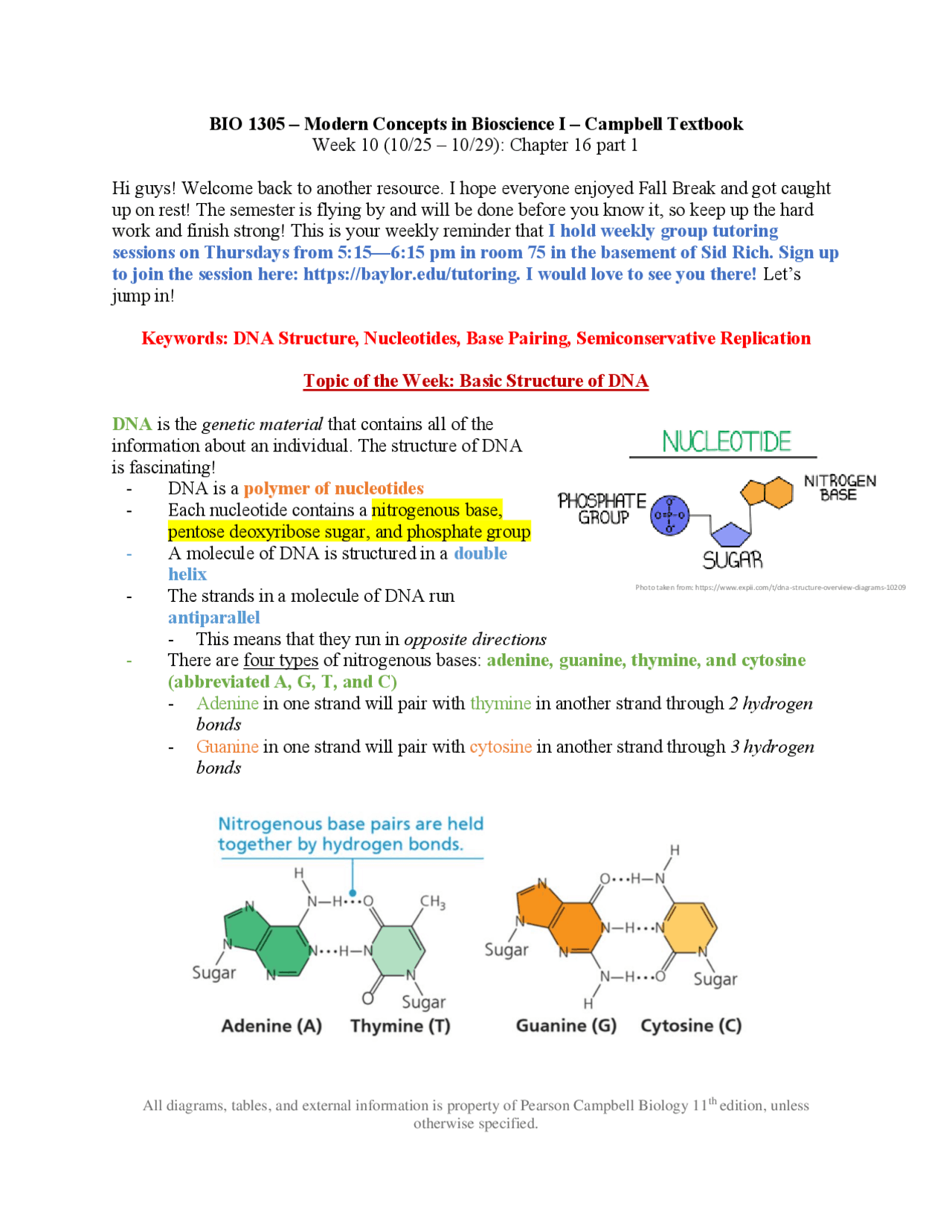 Modern Concepts in Bioscience I – Campbell Textbook Week ... | Lecture ...