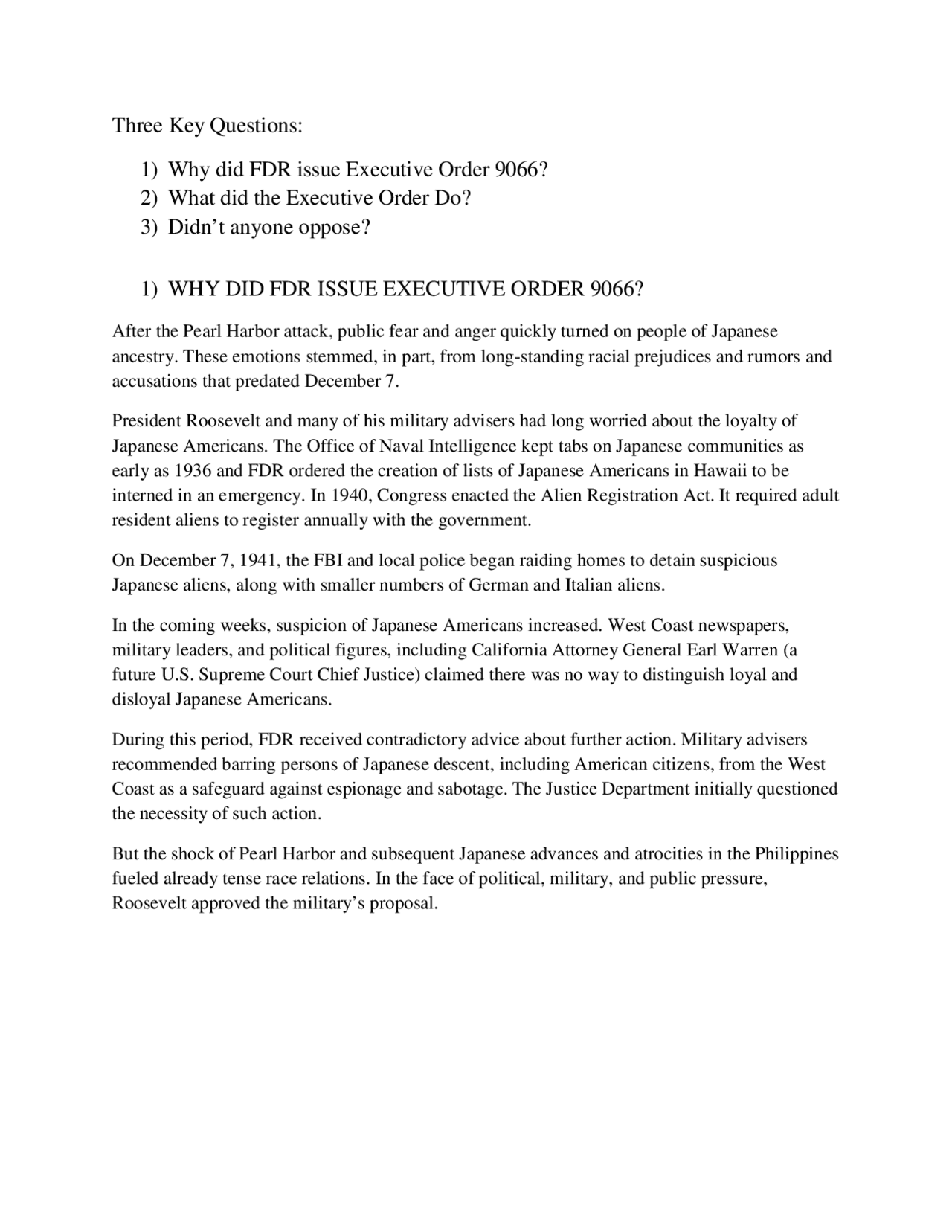 Three Key Questions: 1) Why did FDR issue Executive Order ... | Study ...