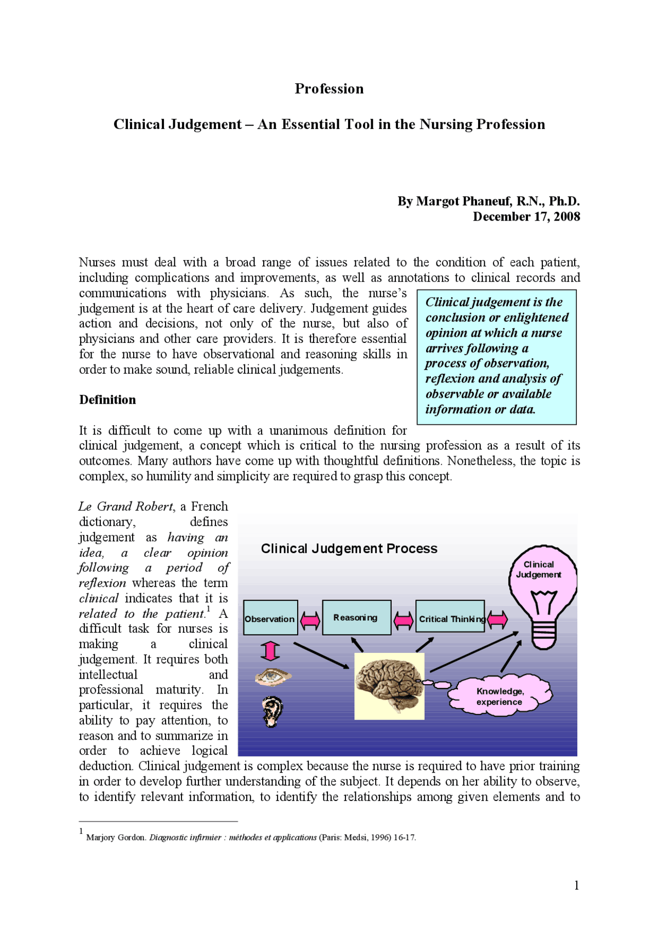 Clinical Judgement | Lecture notes Nursing | Docsity