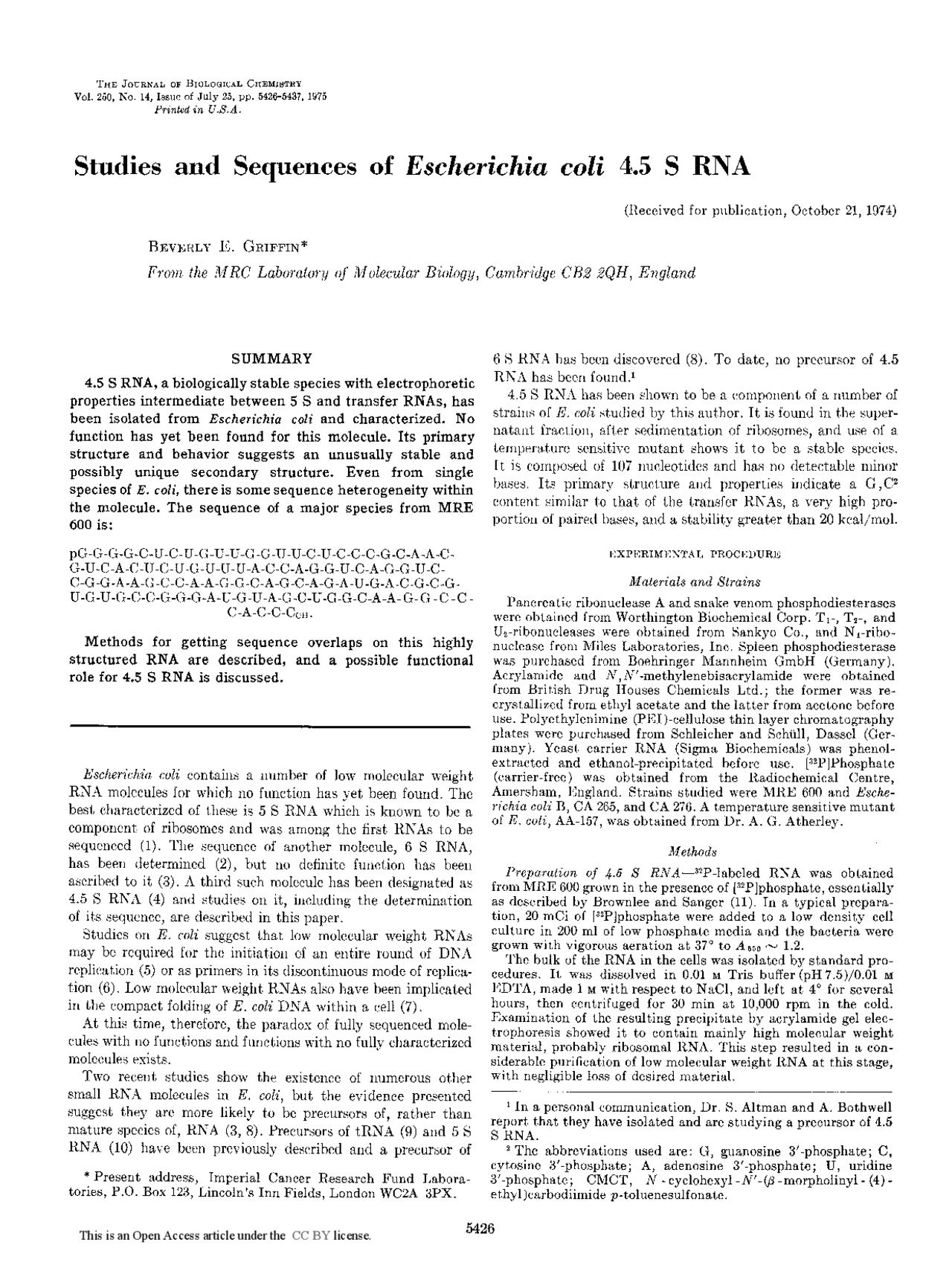 Studies and sequences of Escherichia coli 4.5 S RNA. | Schemes and Mind ...