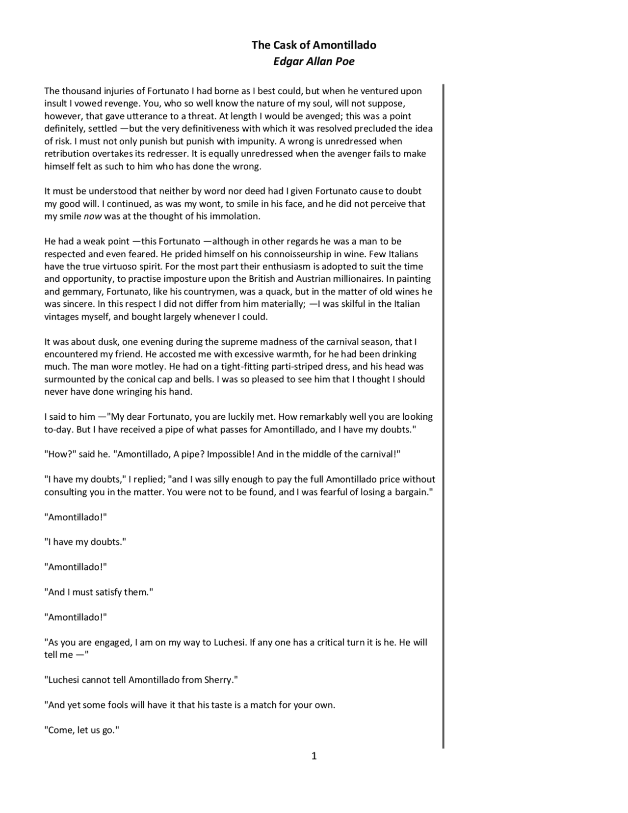 The Cask of Amontillado Edgar Allan Poe | Exercises Voice | Docsity