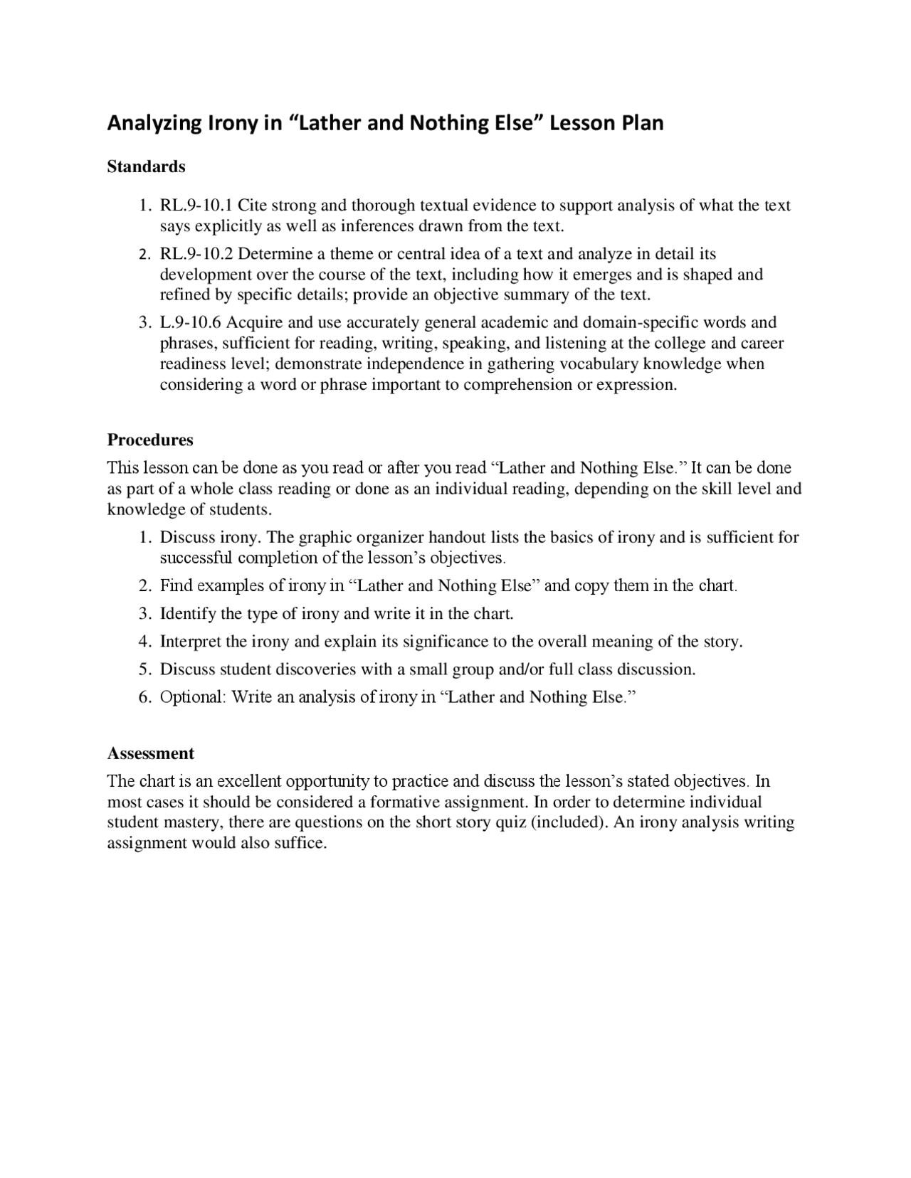 Analyzing Irony in “Lather and Nothing Else” Lesson Plan | Exams ...