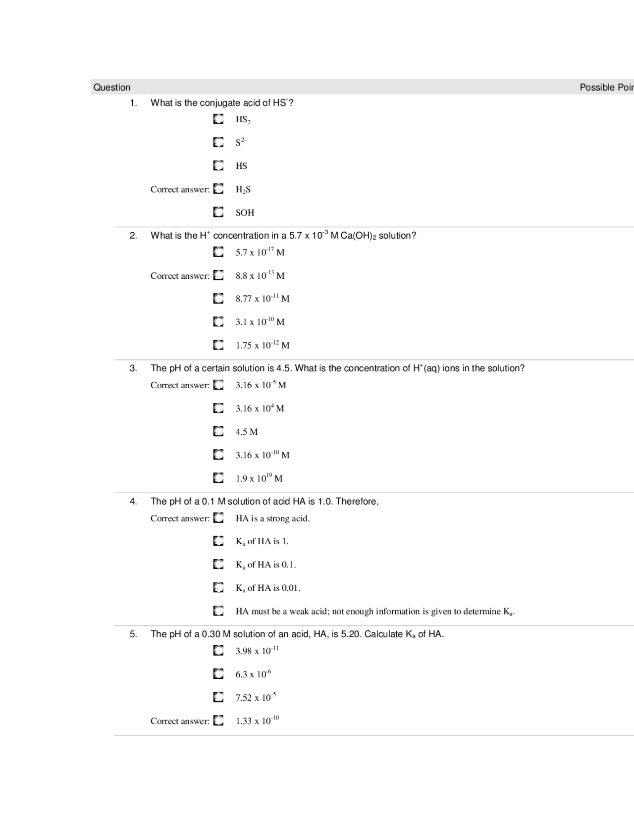 Question Possible Points 1. What is the conjugate acid of HS ...