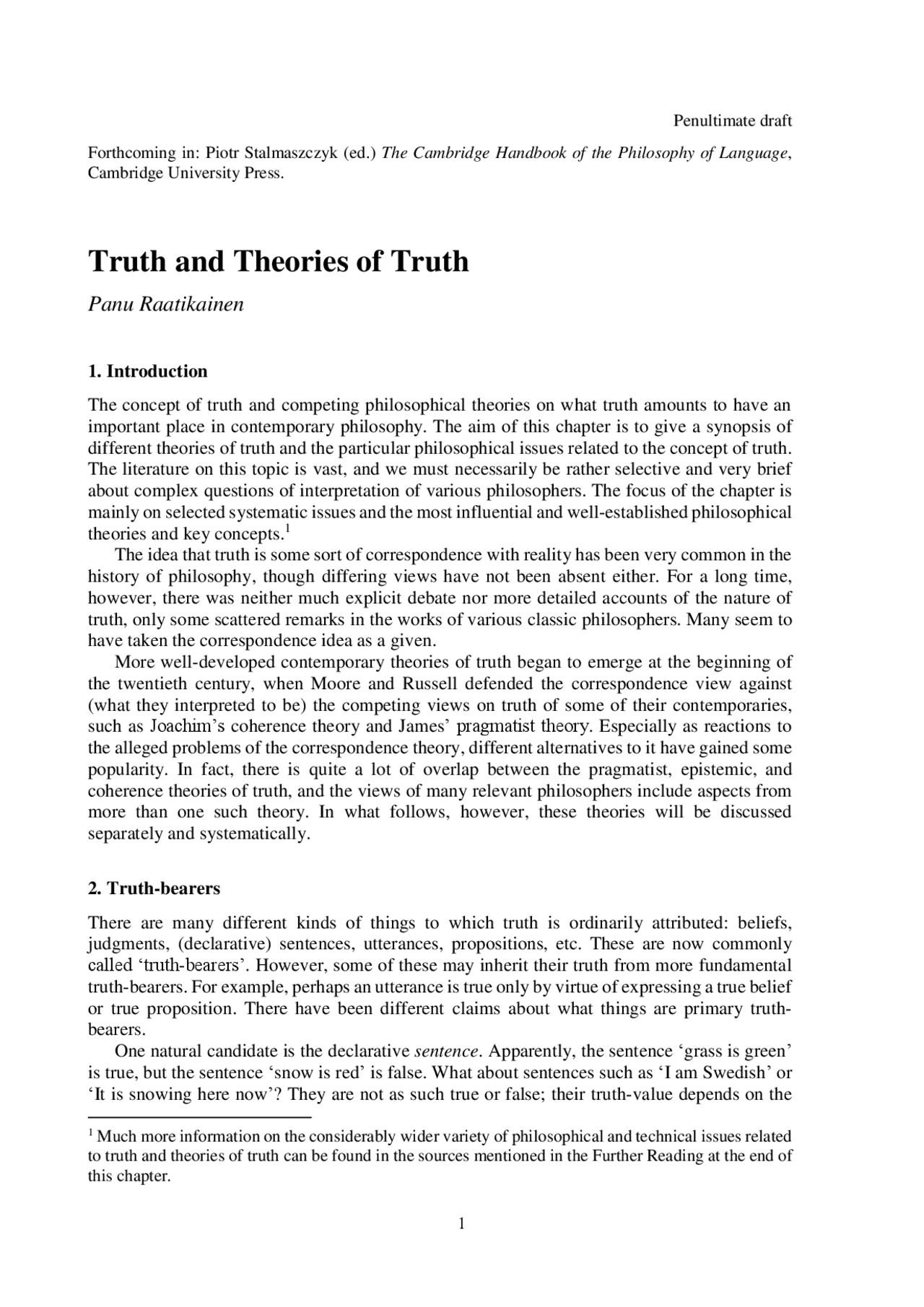 Truth and Theories of Truth | Exercises Philosophy | Docsity