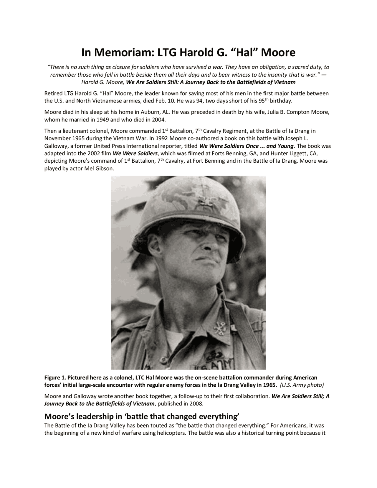 In Memoriam: LTG Harold G. “Hal” Moore | Study notes Philosophy | Docsity