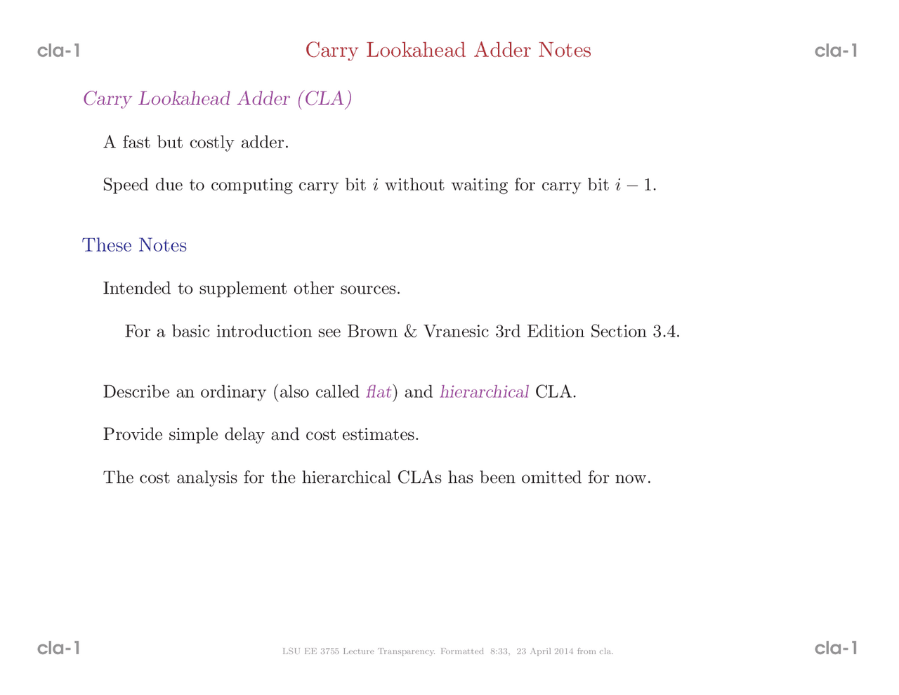 Carry Lookahead Adder Notes | Schemes and Mind Maps Logic | Docsity