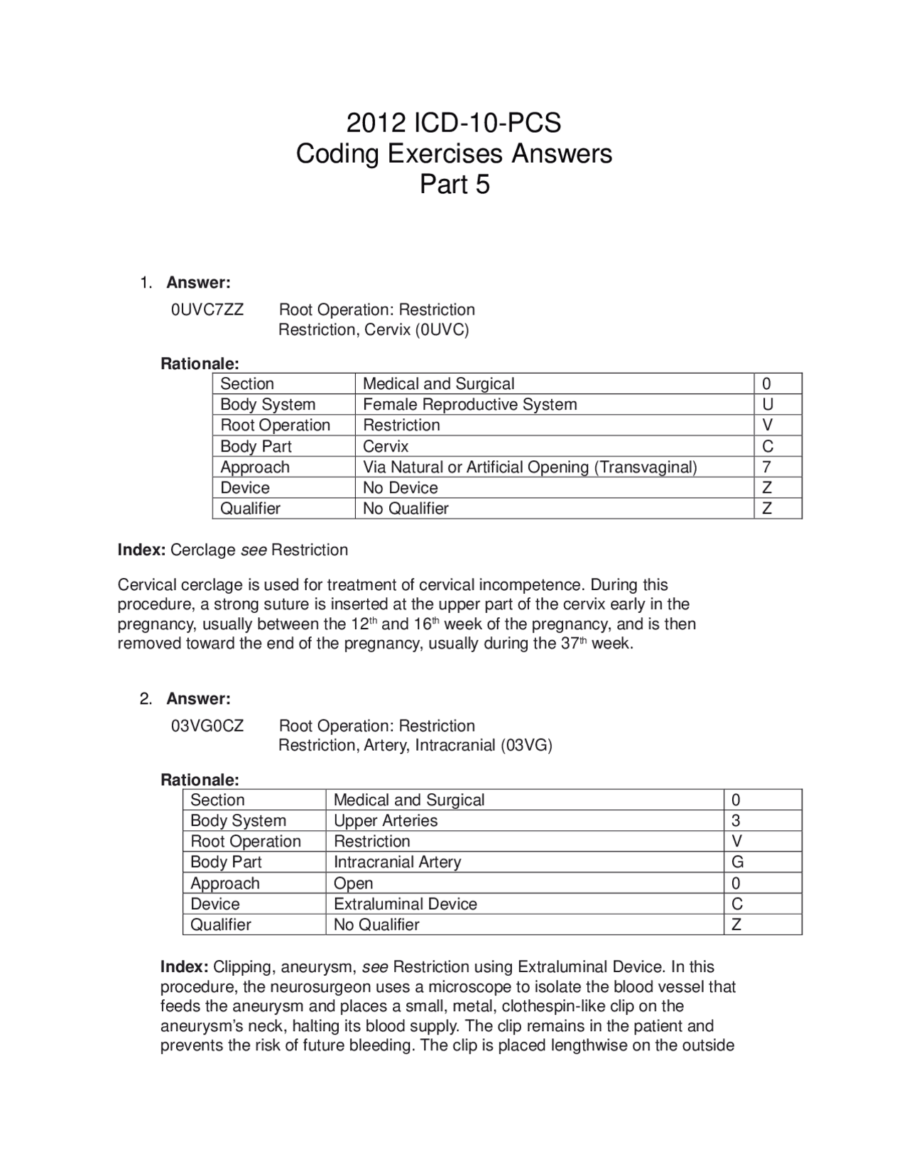 2012 Icd 10 Pcs Coding Exercises Answers Part 5 Lecture Notes Medical Sciences Docsity