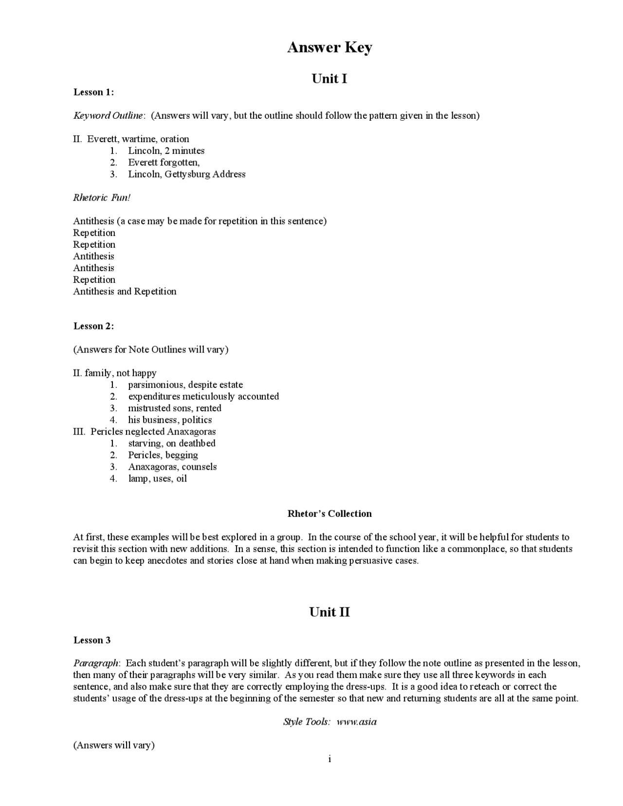 Answer Key for Unit I-IX: Rhetorical Devices and Writing Techniques ...