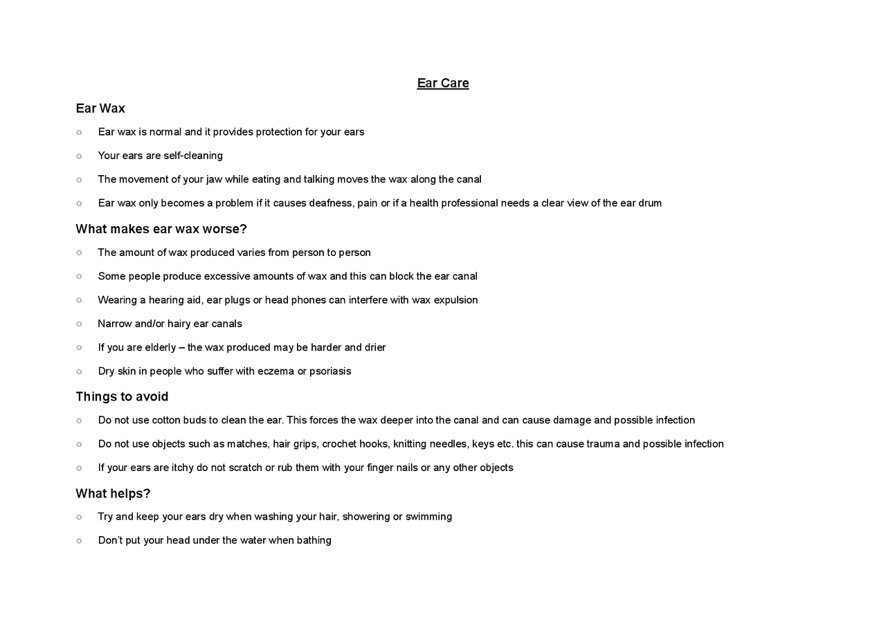 Ear Care Ear Wax | Schemes and Mind Maps Human Biology | Docsity