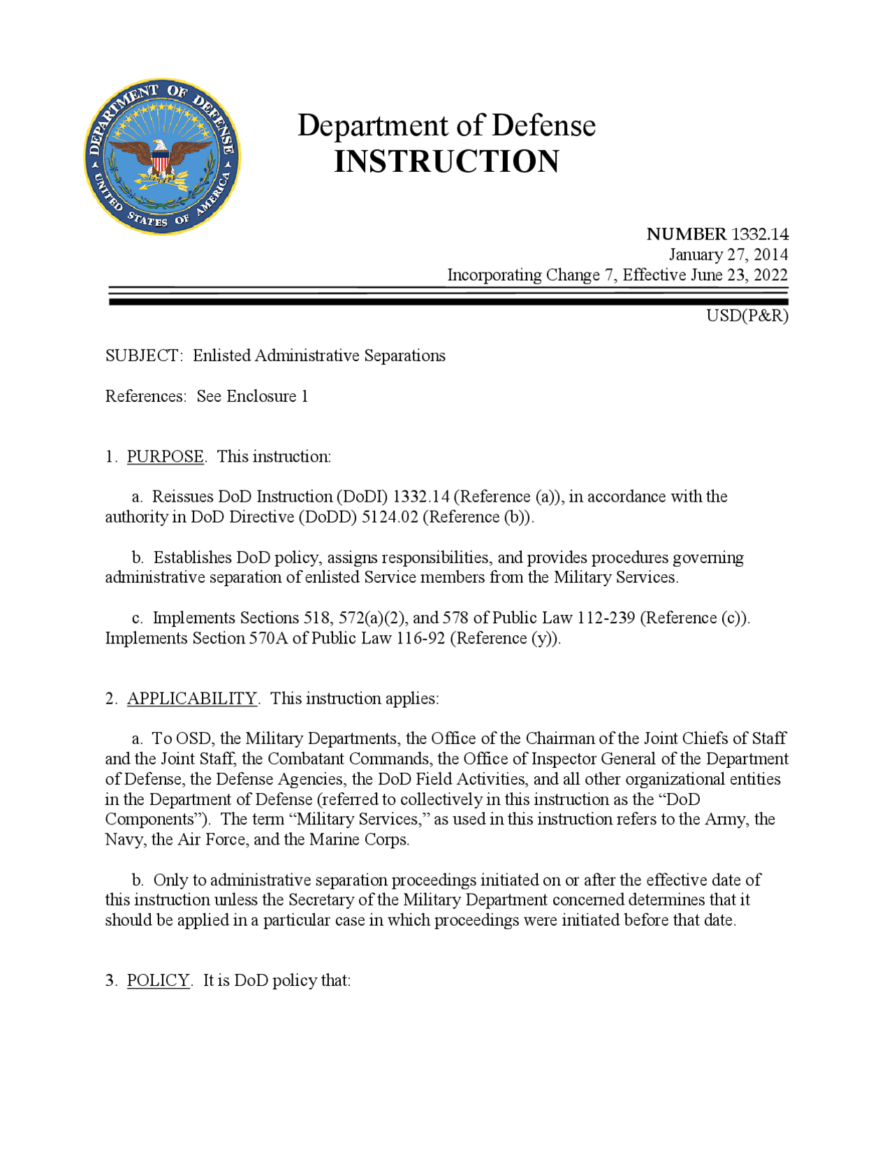 DoDI 1332.14, "Enlisted Administrative Seperations," January ...