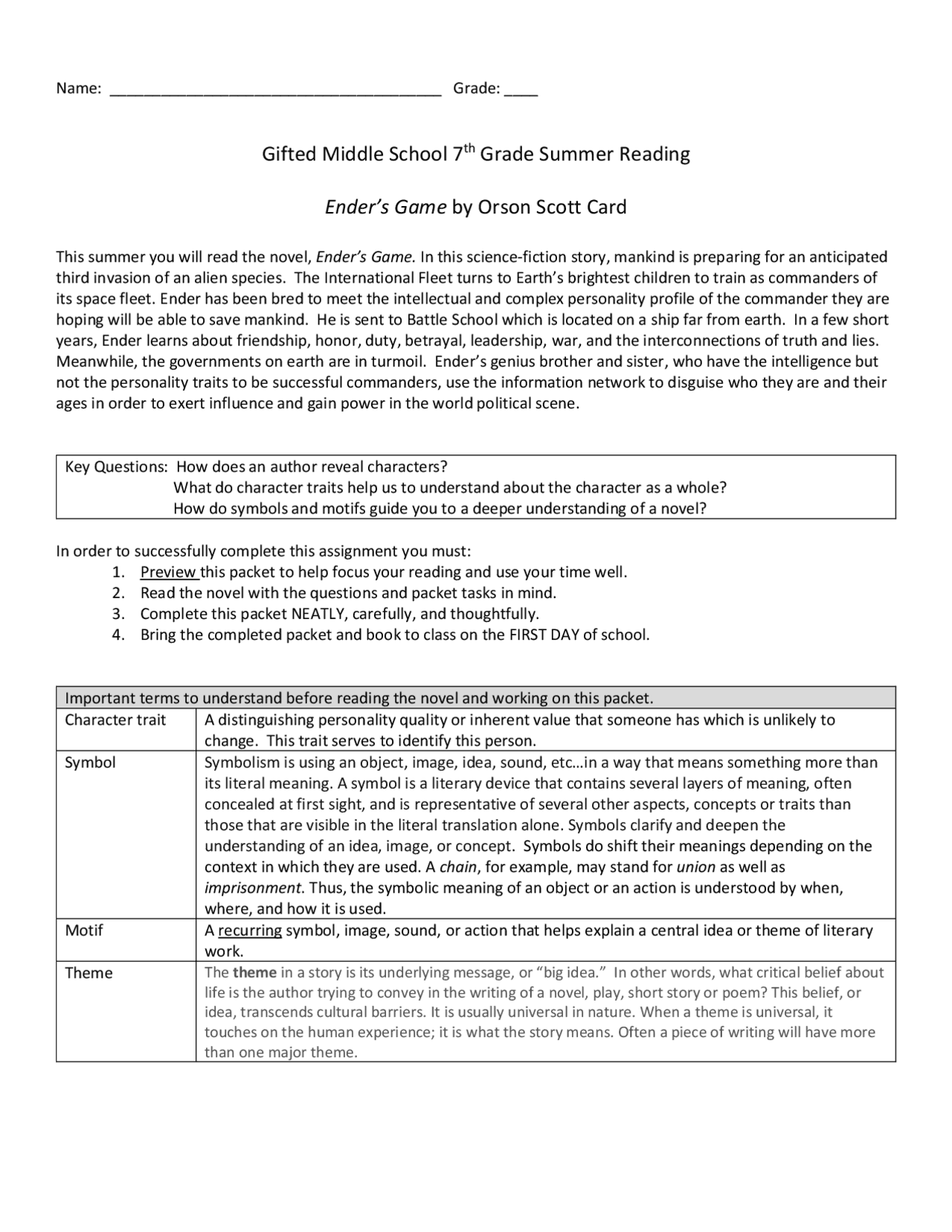 Gifted Middle School 7th Grade Summer Reading | Exercises Reasoning ...