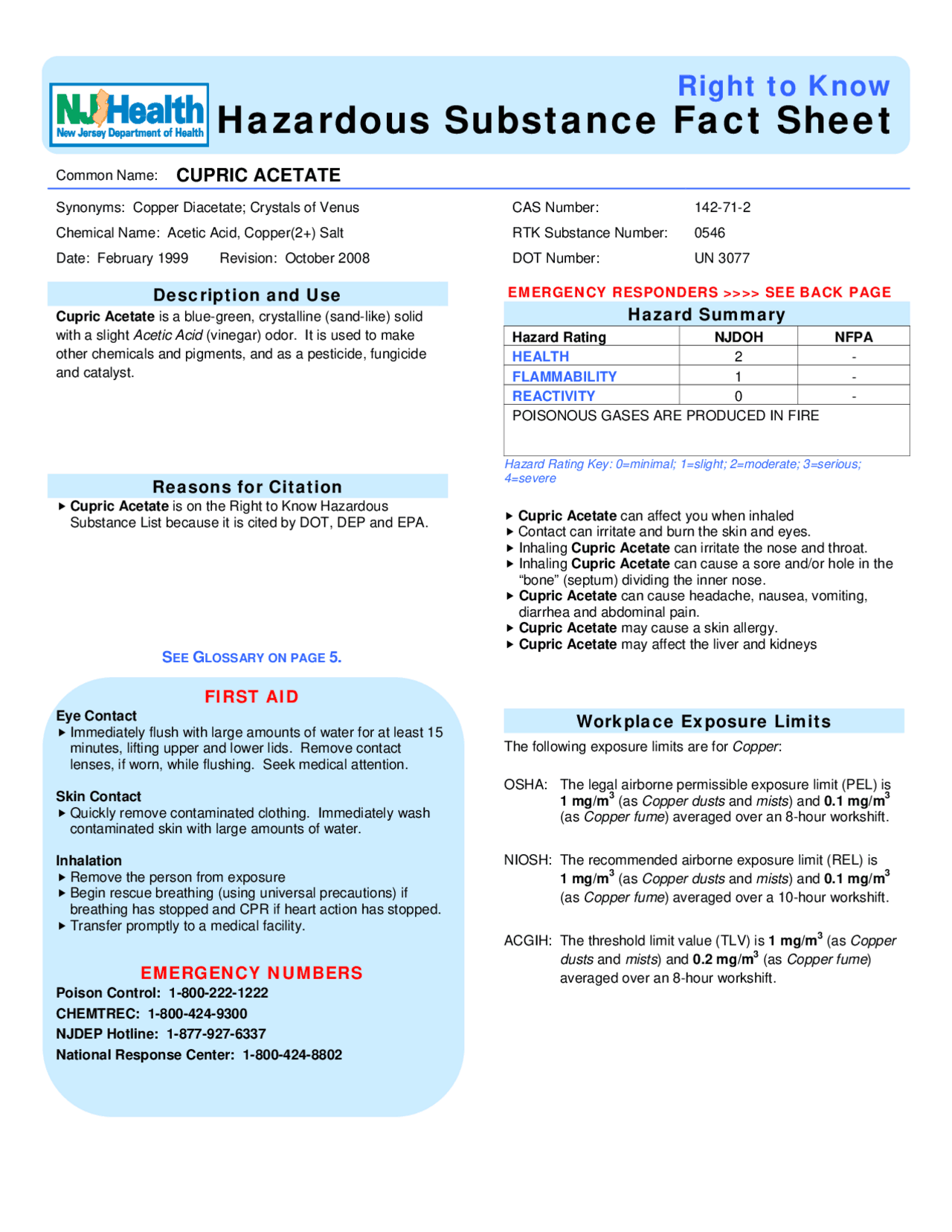 Hazardous Substance Fact Sheet | Slides Communication | Docsity