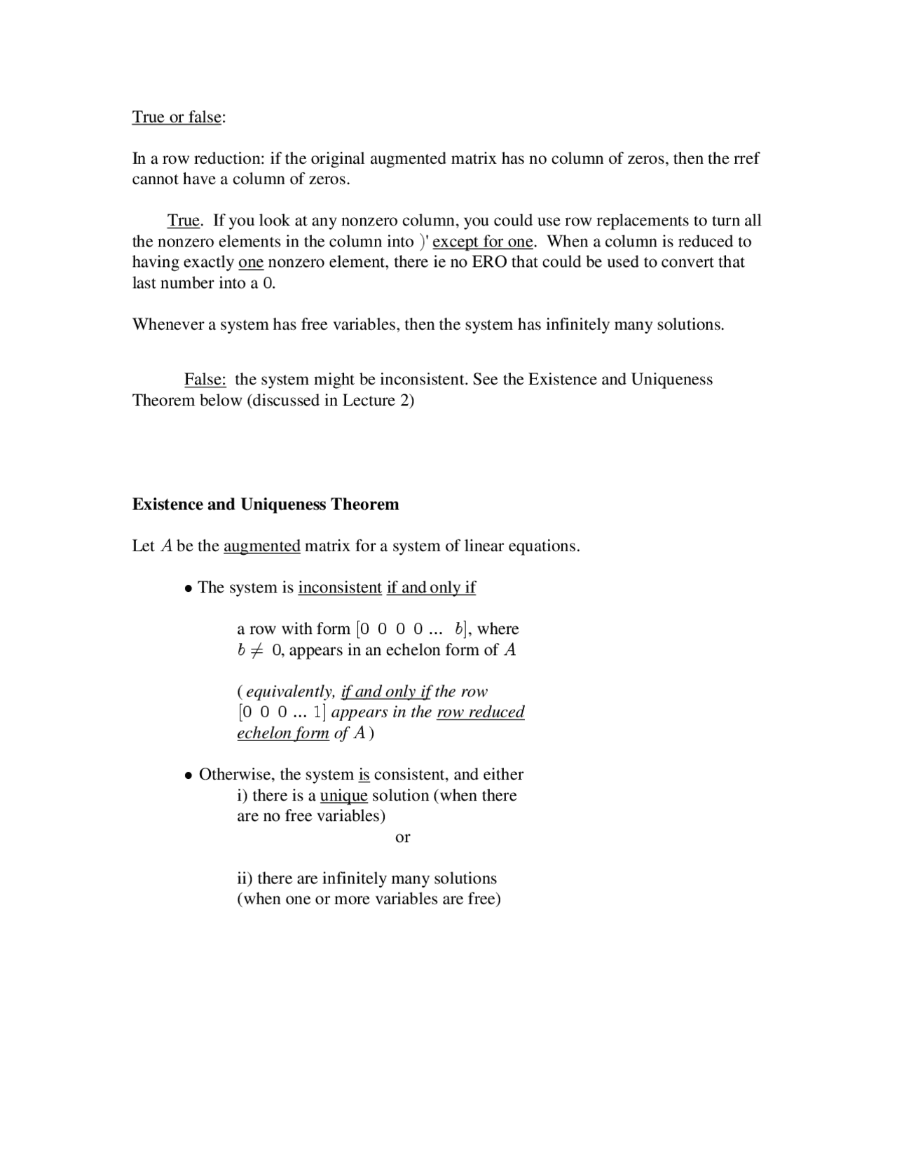 If the original augmented matrix has no column of zeros, then ... | Summaries Linear Algebra ...