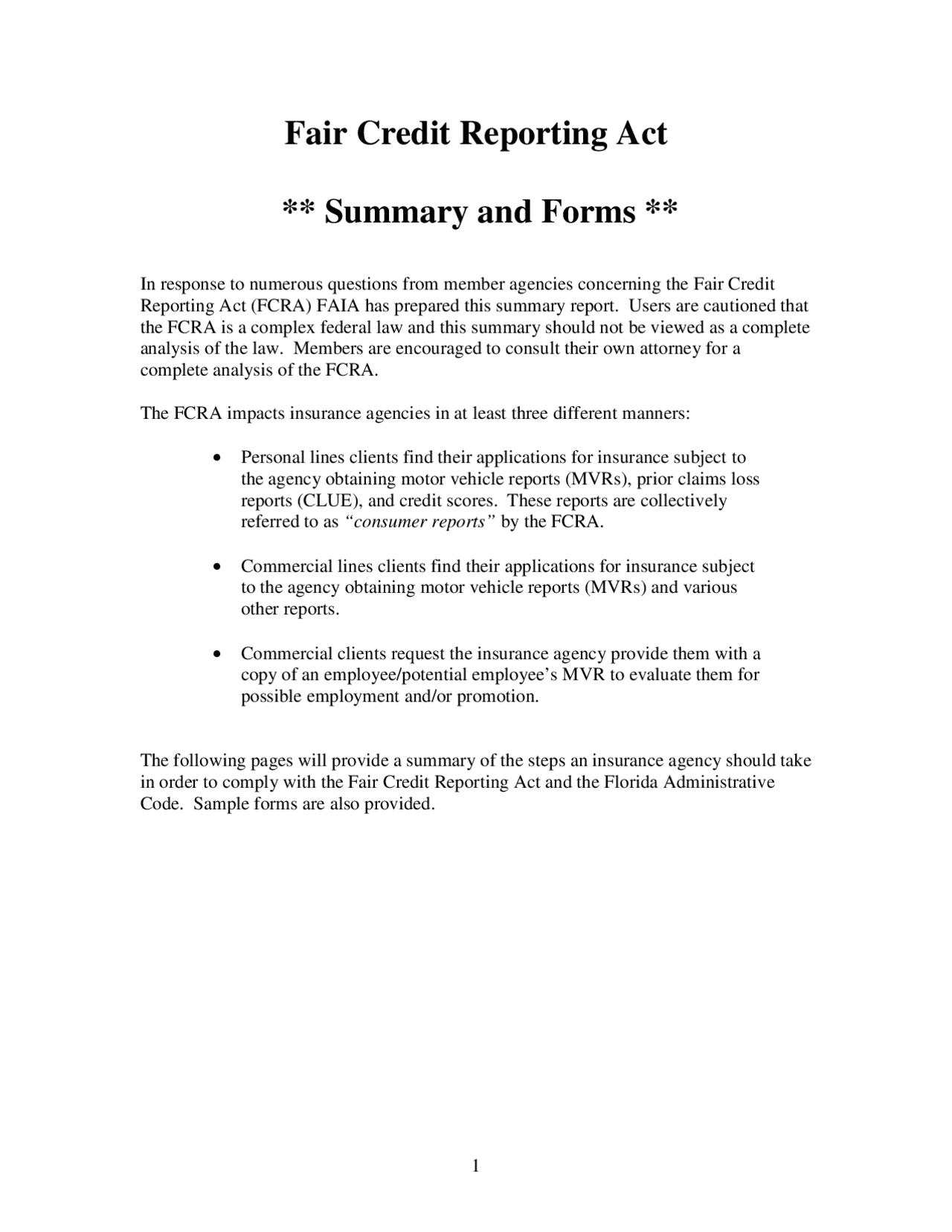 Fair Credit Report Act Summary and Forms | Lecture notes Law | Docsity