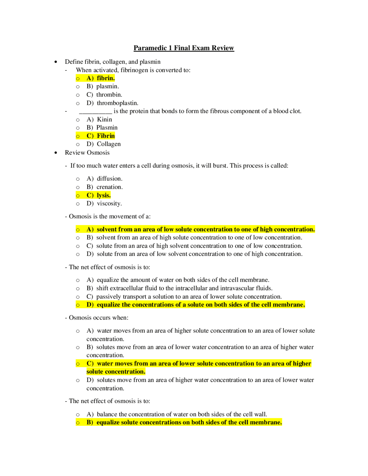 Paramedic 1 Final Exam Review Exams Nursing Docsity