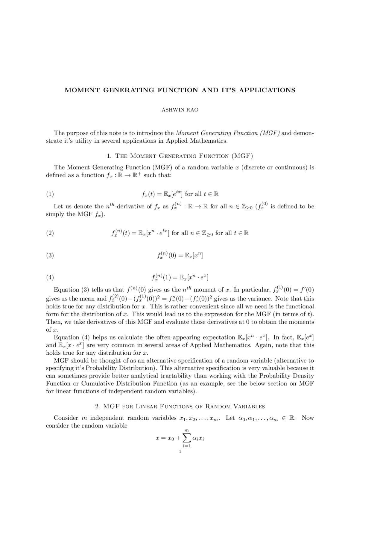 Moment Generating Function And Its Applications Summaries Applied Mathematics Docsity