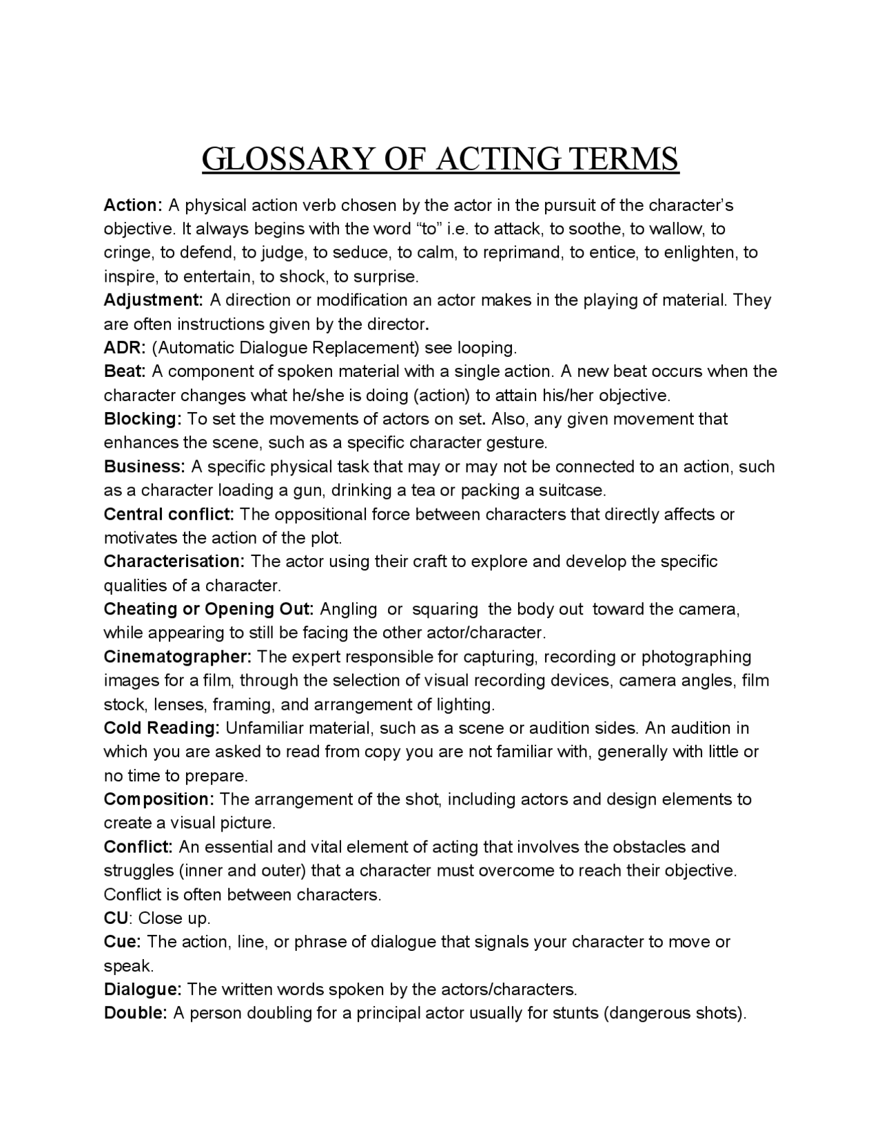 Glossary Of Acting Terms Lecture Notes Acting Docsity