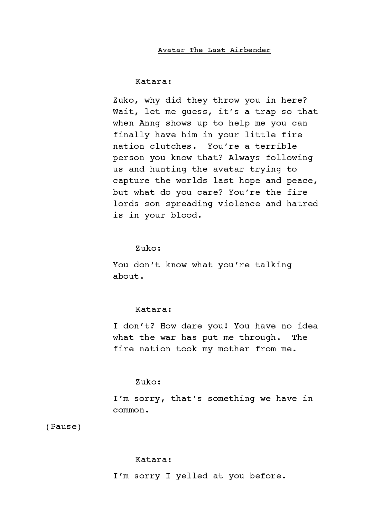 Avatar Last Airbender Zuko And Katara Script Exercises English