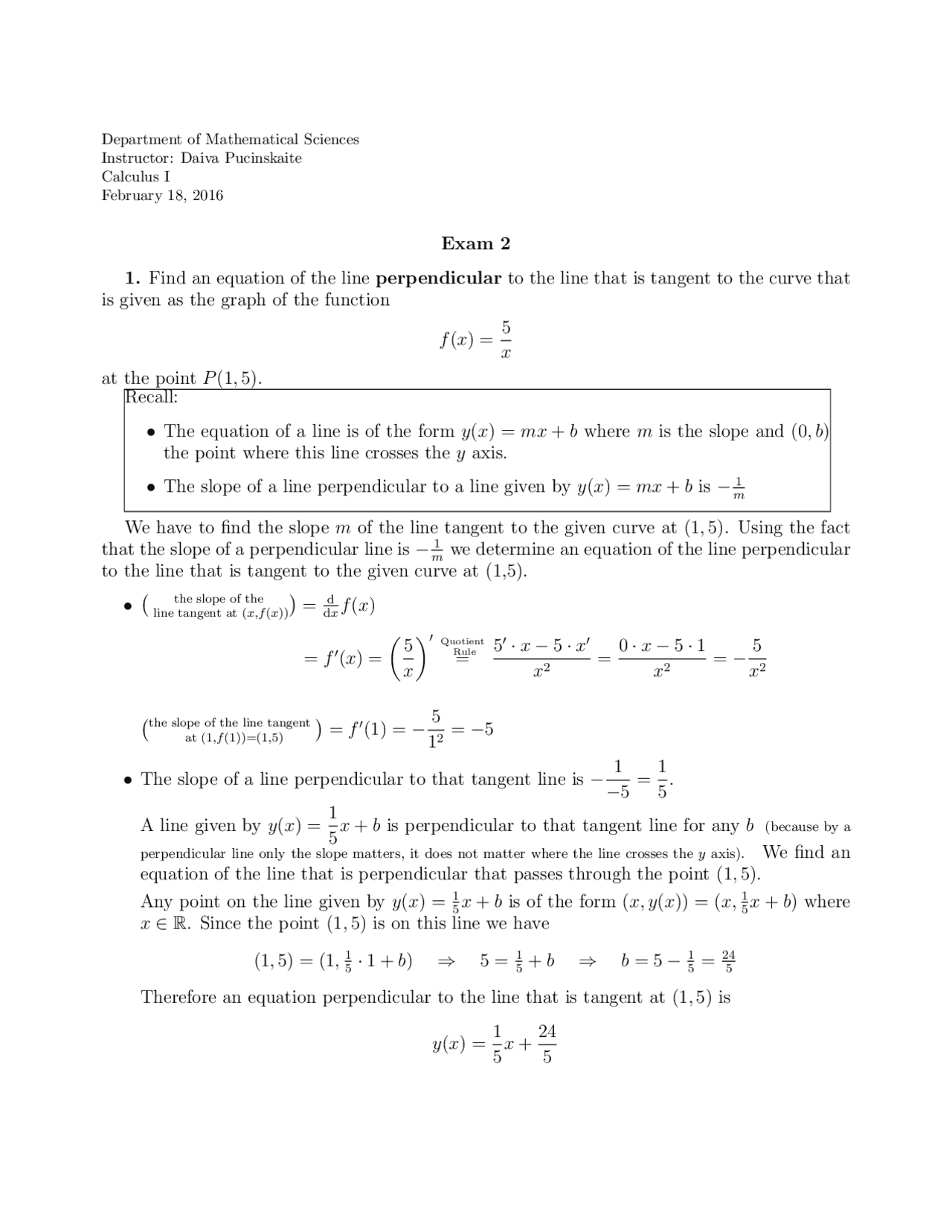 Exam 2 1. Find an equation of the line perpendicular to the ... | Summaries Calculus | Docsity