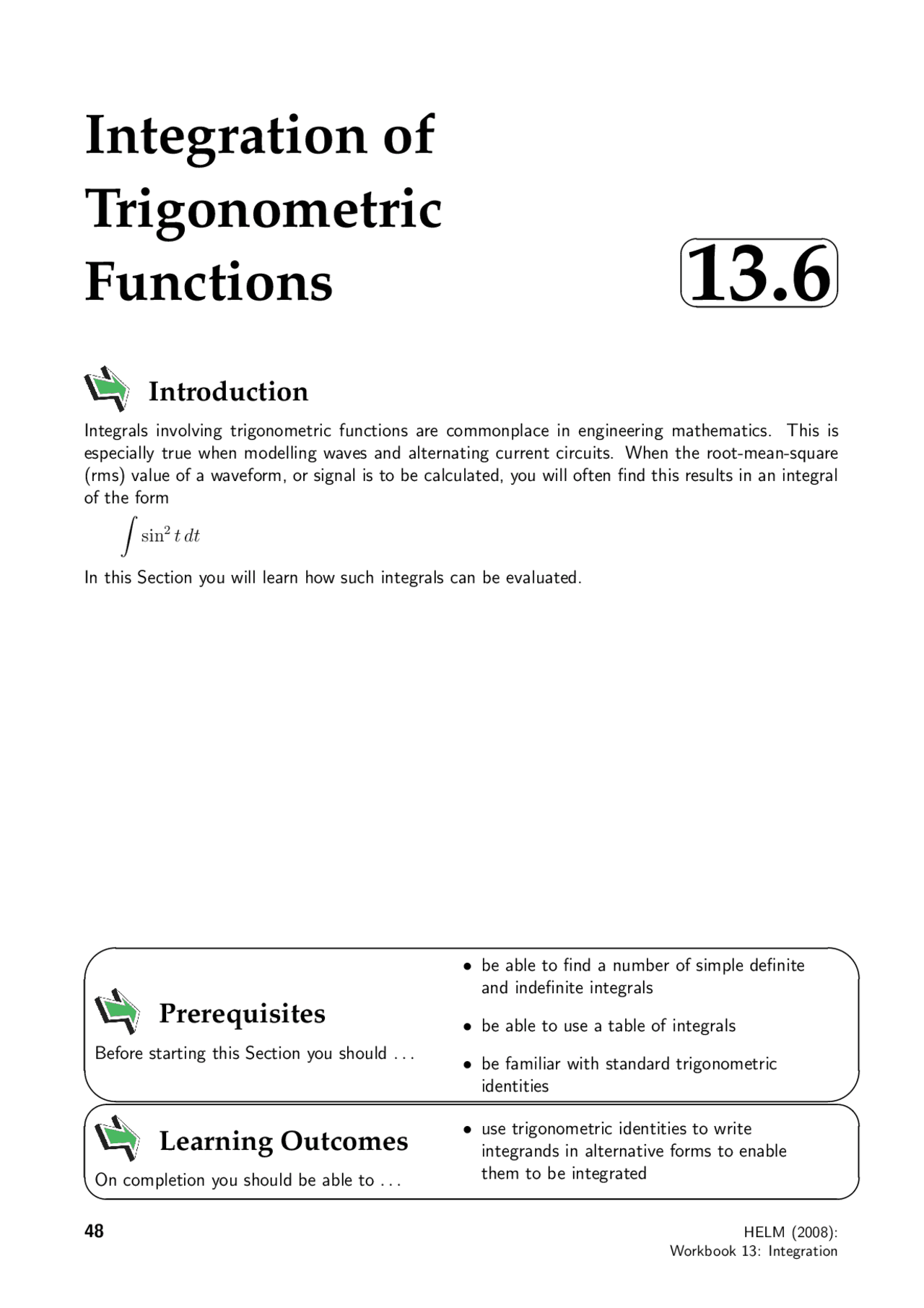 Integration Of Trigonometric Functions Lecture Notes Engineering Docsity