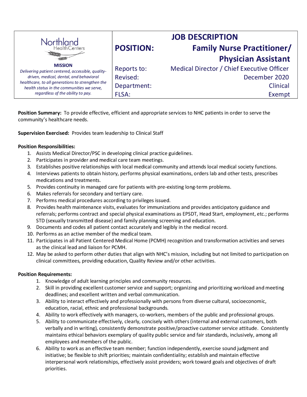 JOB DESCRIPTION POSITION: Family Nurse Practitioner | Exercises History ...