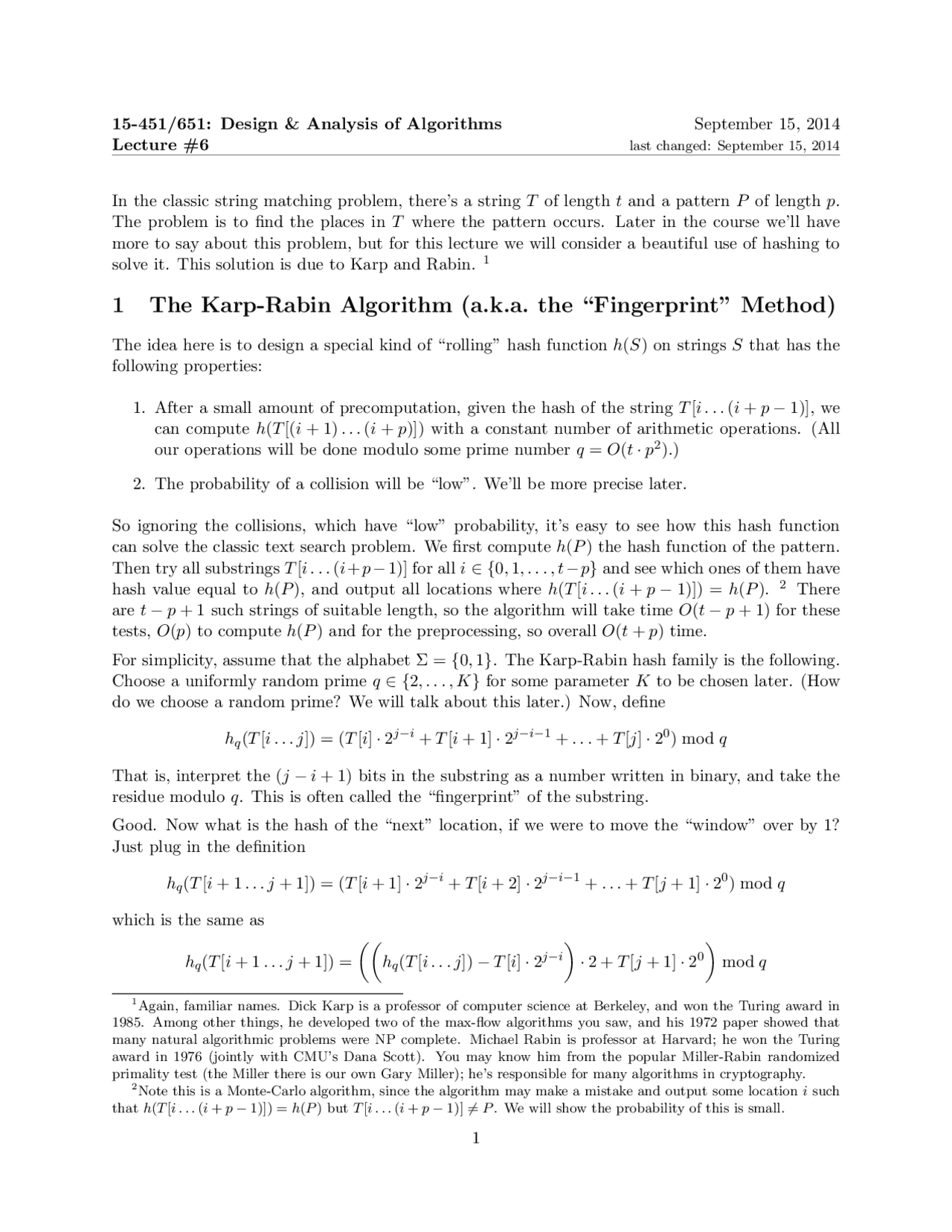1 The Karp-Rabin Algorithm (a.k.a. the “Fingerprint” Method ...