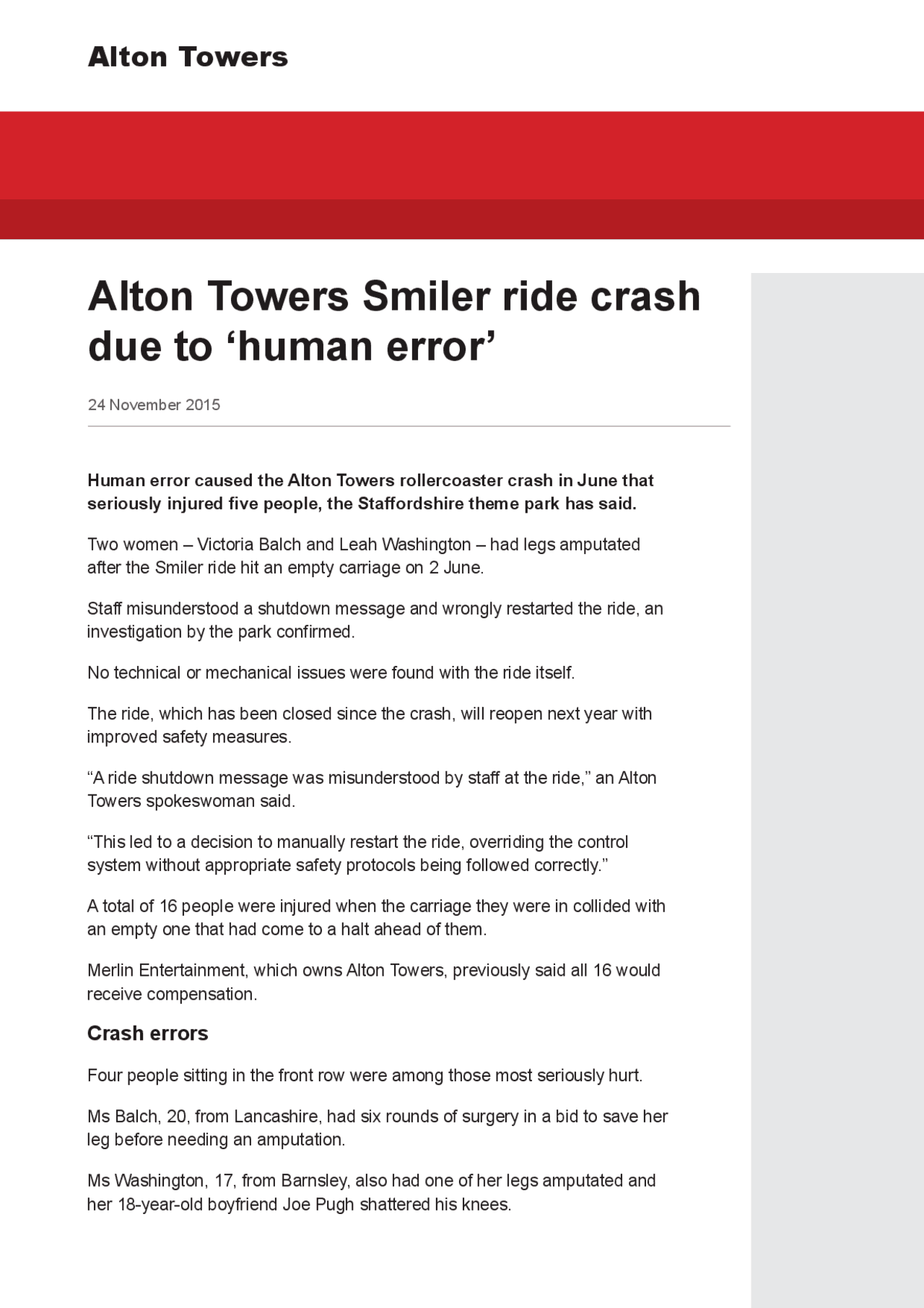Alton Towers Smiler ride crash due to 'human error' | Slides Business ...