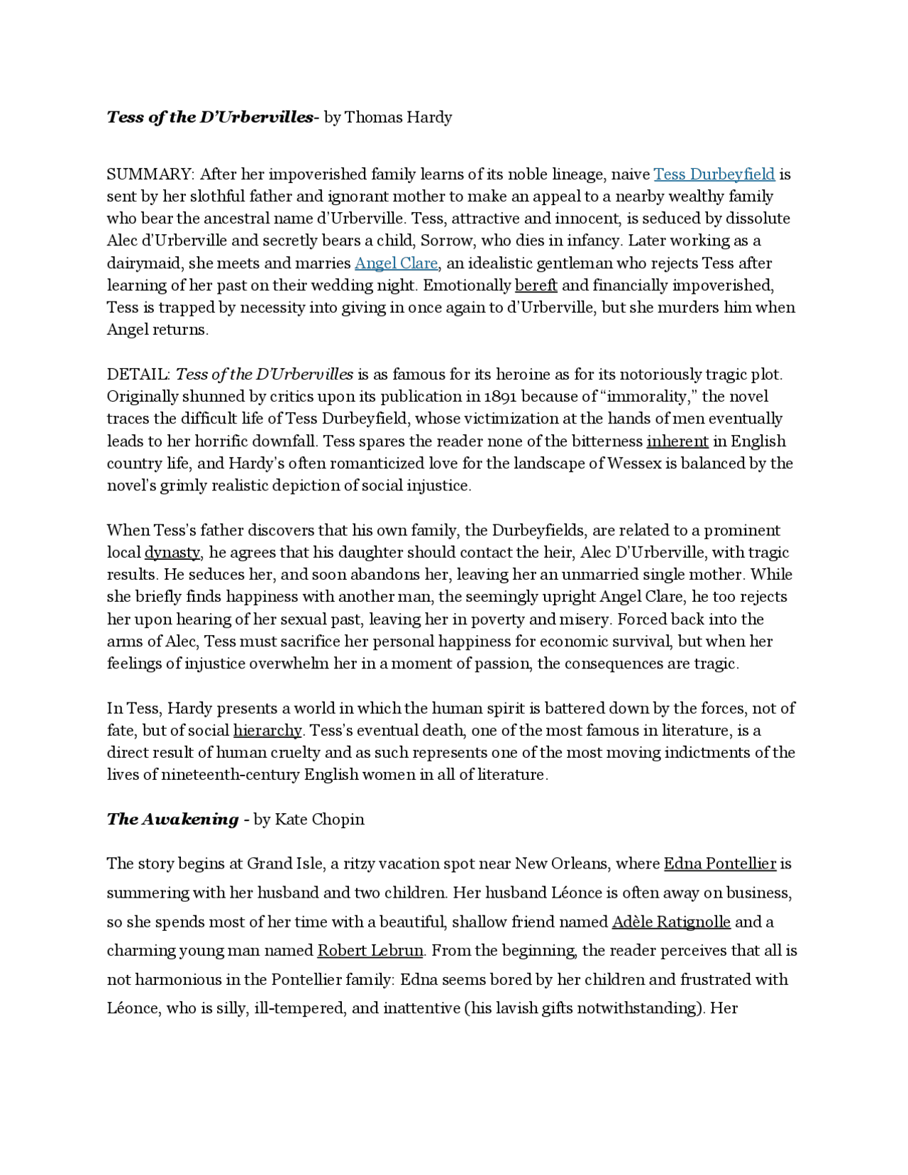 Tess of the D'Urbervilles- by Thomas Hardy SUMMARY: After her ...