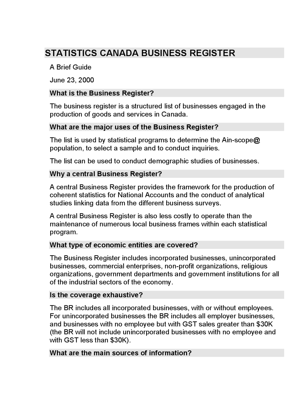 Statistics Canada Business Register Exercises Business Docsity